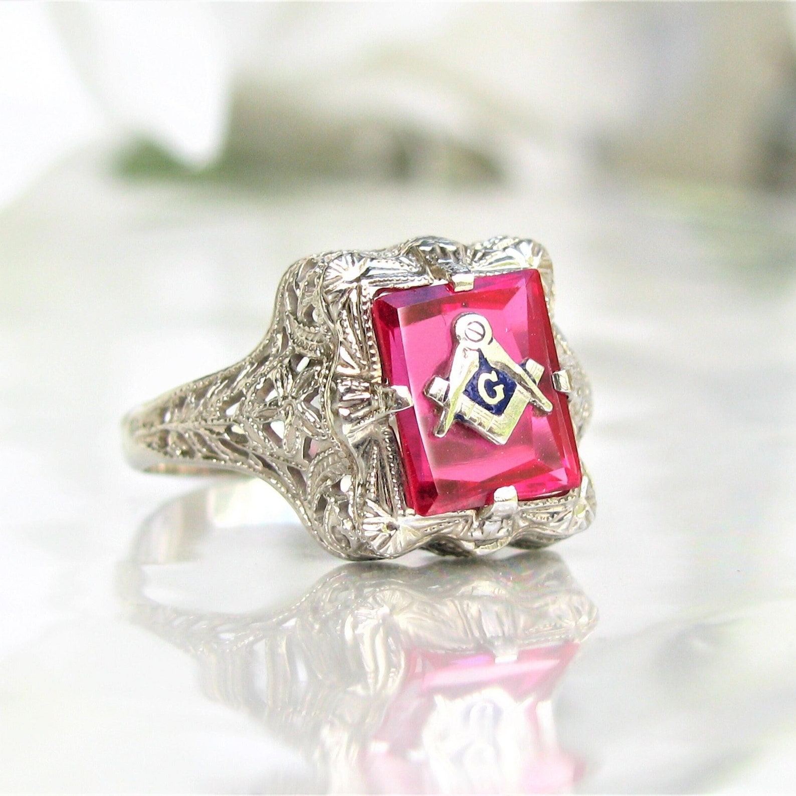 Antique Edwardian Ruby Masonic Ring 14K White Gold Filigree - Etsy