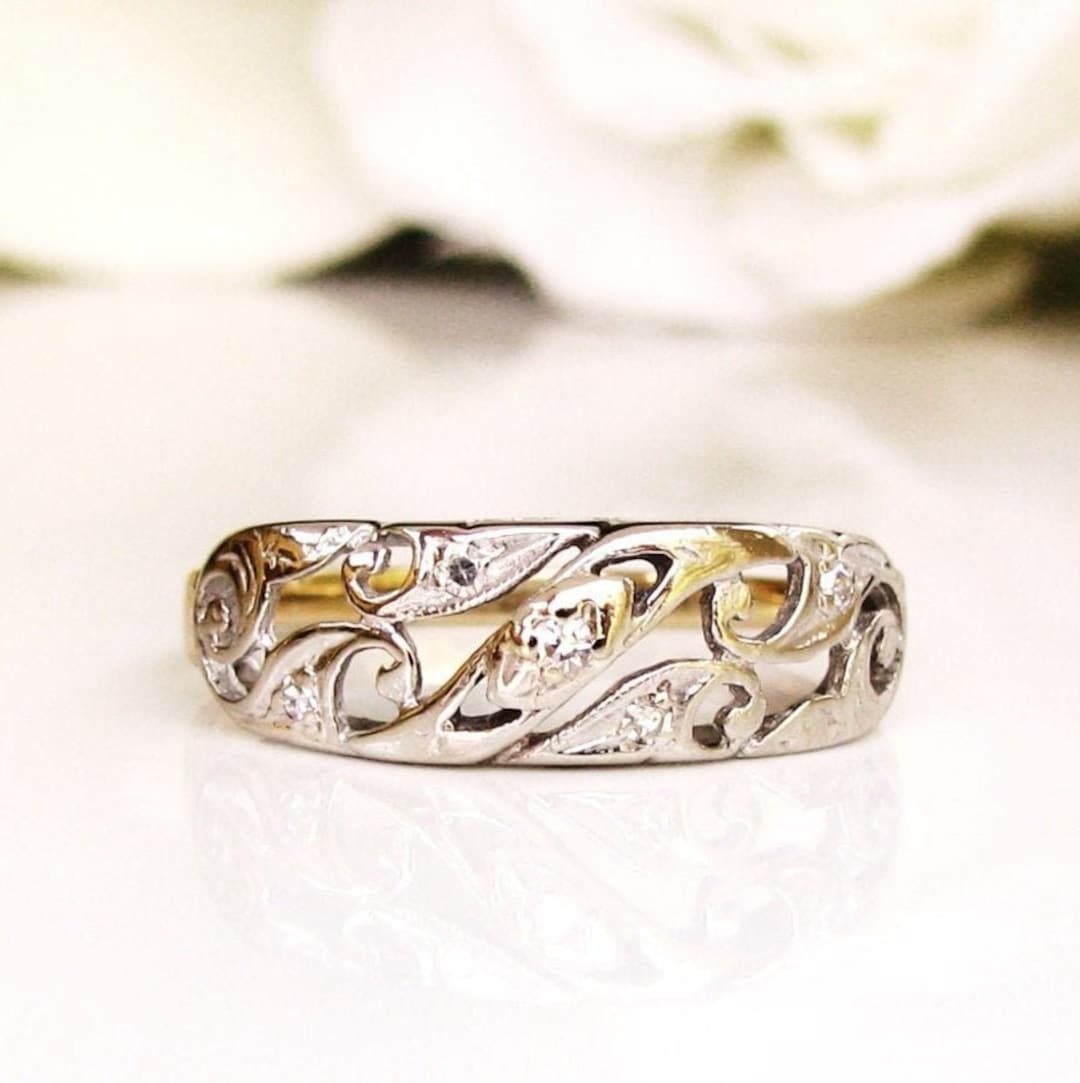 Vintage Scroll Design Diamond Wedding Band 14K Two Tone Gold - Etsy