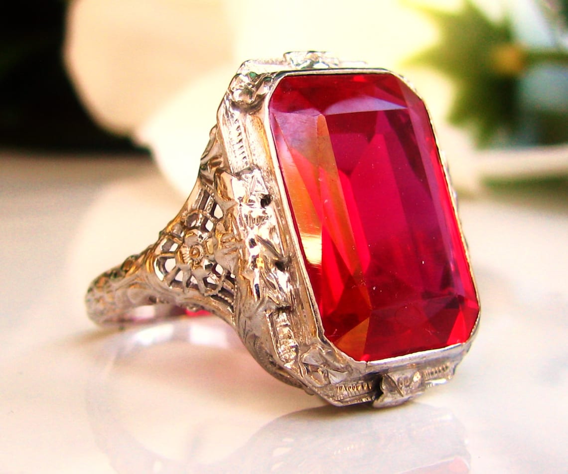 Vintage Emerald Cut Ruby Ring Large 1400ct Synthetic Ruby Etsy 
