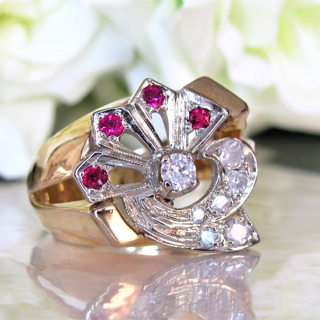 Vintage Red Spinel & Diamond Ring Unique Art Deco Engagement Ring Old ...