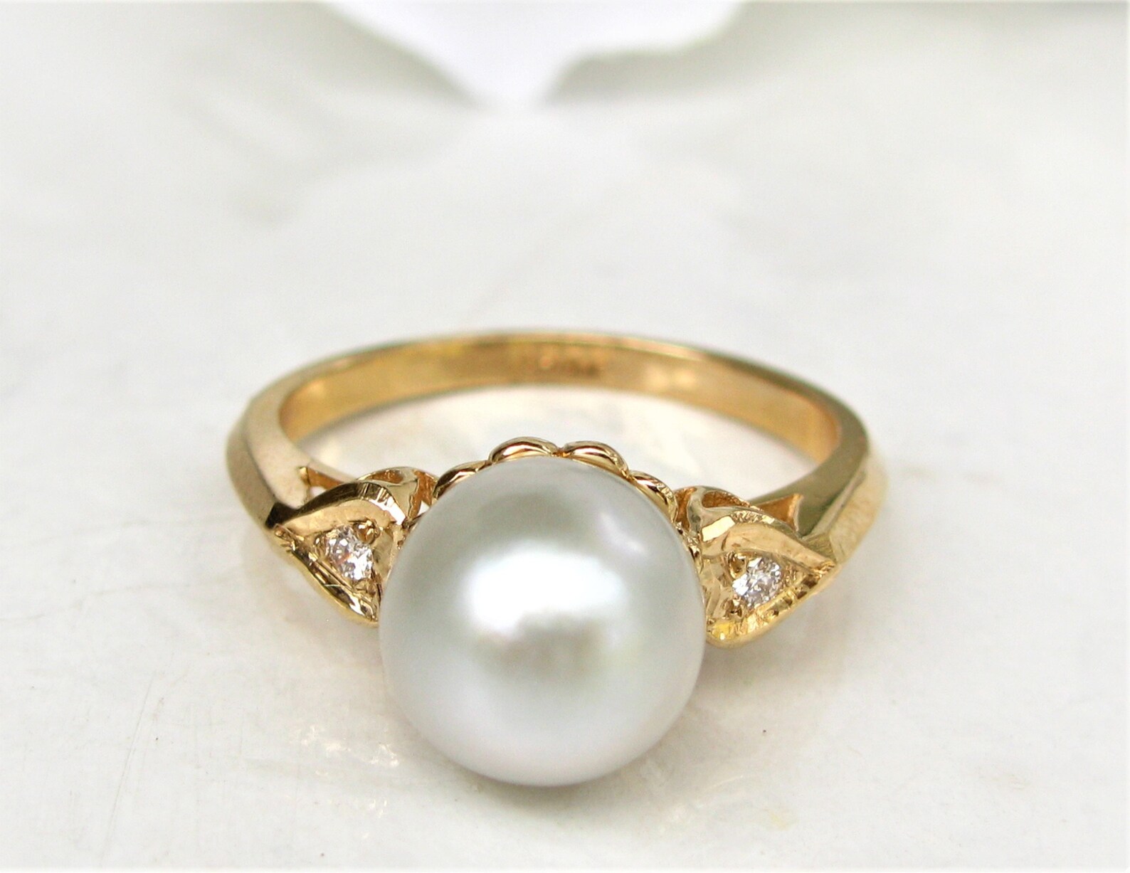 Romantic Pearl & Diamond Ring 14KP Gold Heart Motif - Etsy
