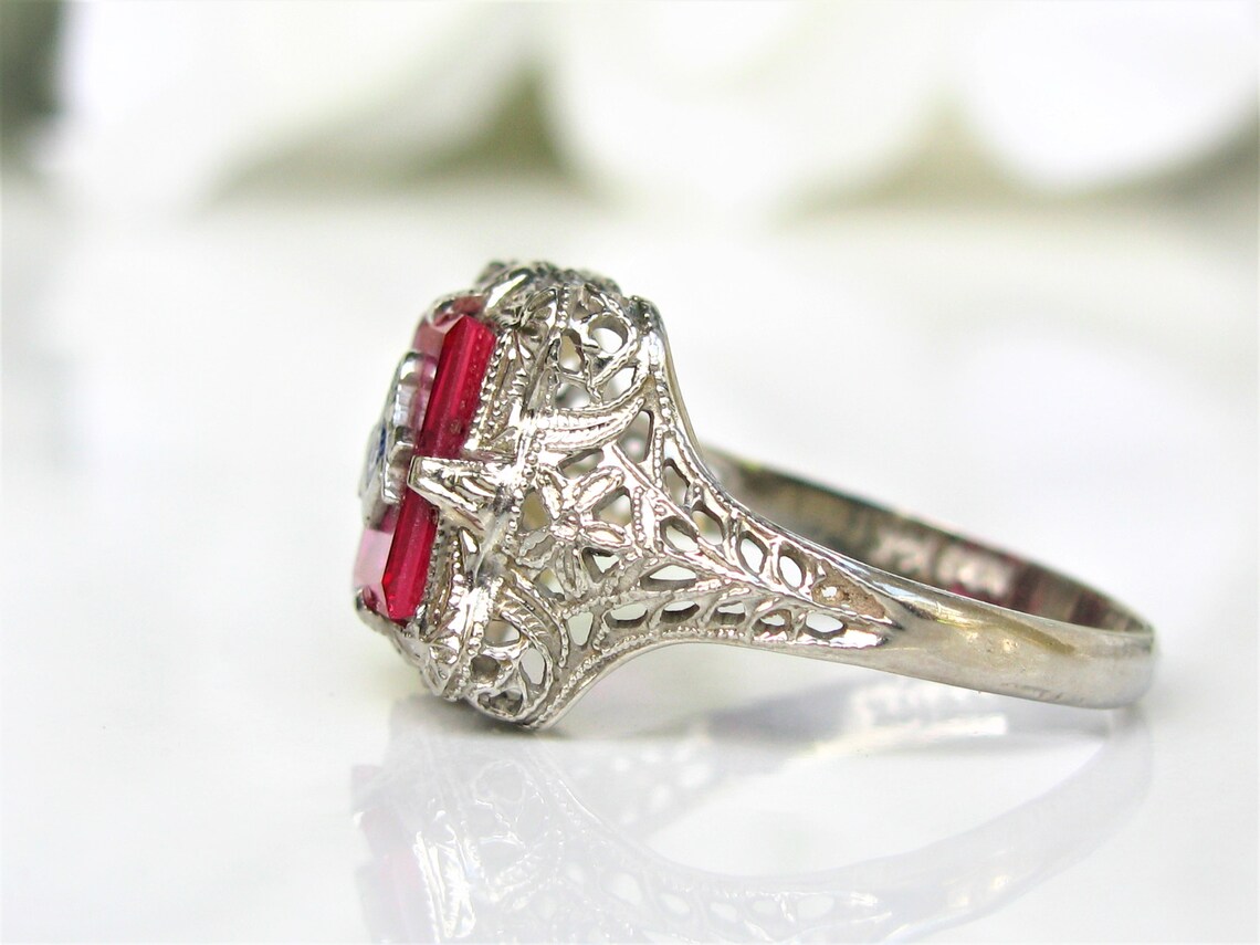 Antique Edwardian Ruby Masonic Ring 14K White Gold Filigree | Etsy