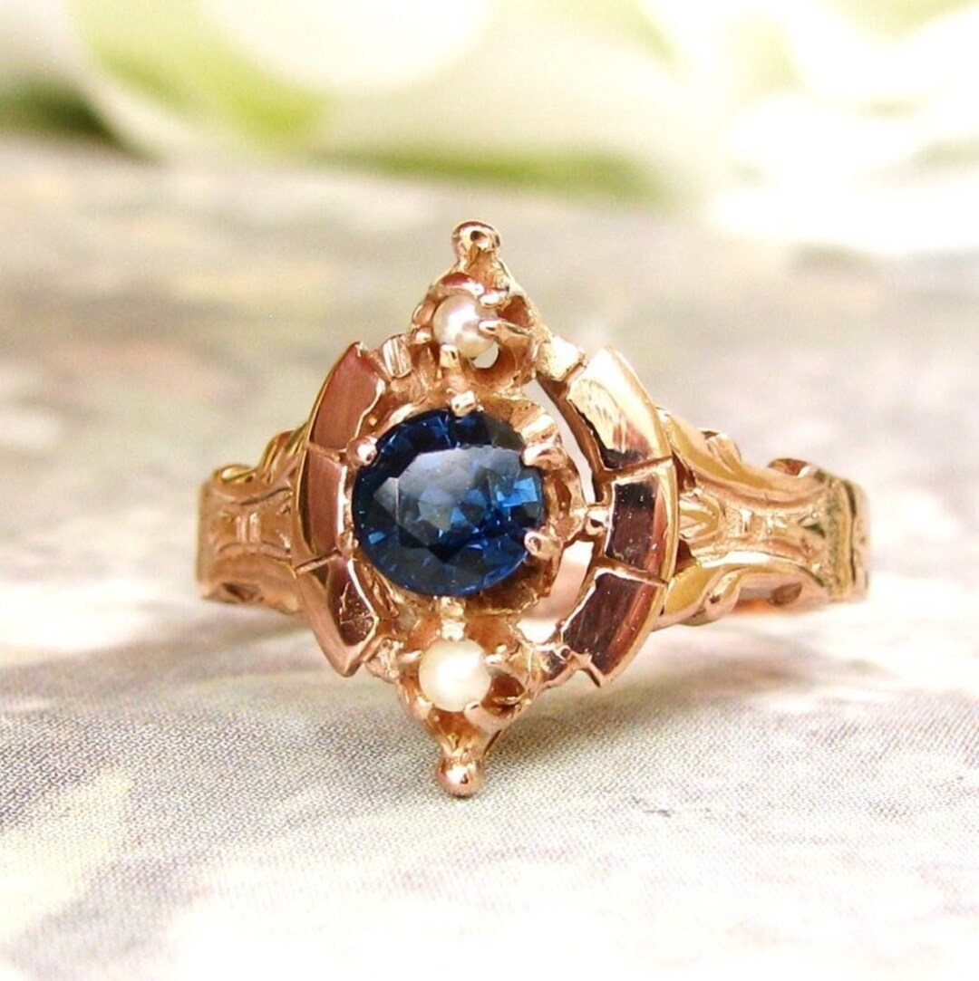 Vintage Blue Spinel & Pearl Victorian Engagement Ring 14K Rose Gold ...