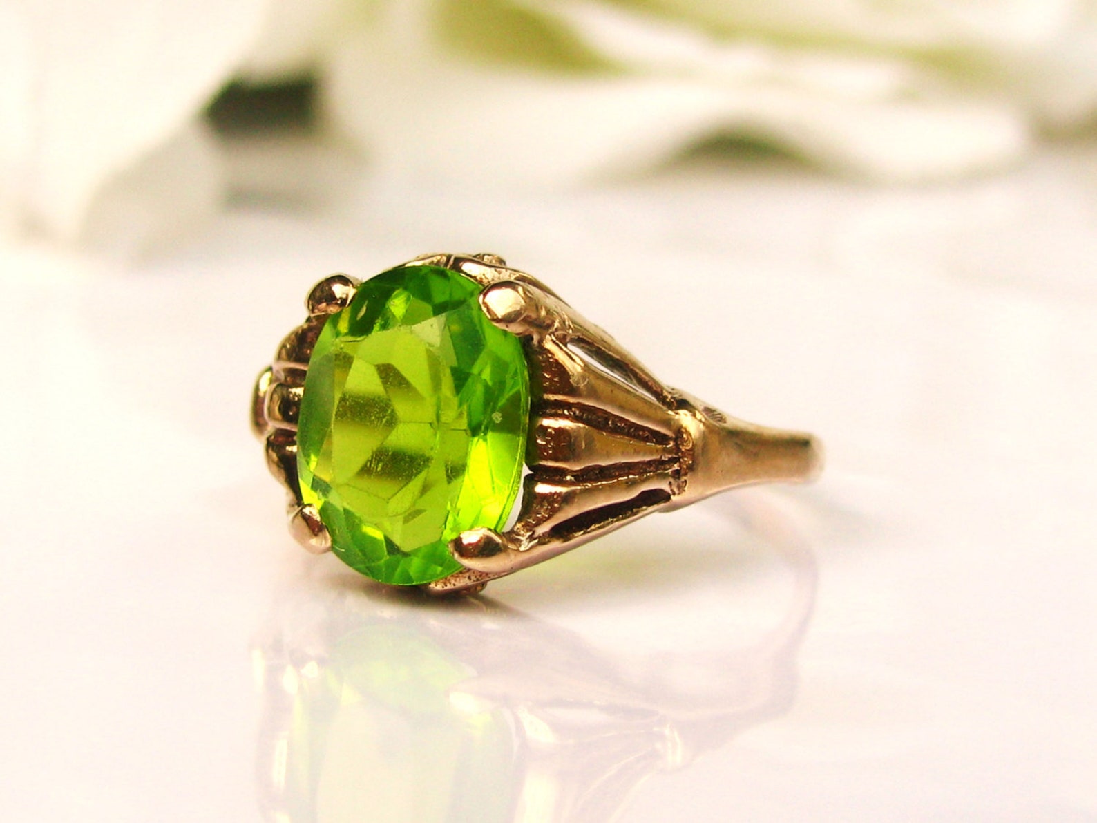 Art Deco Green Glass Ring 10K Yellow Gold Scroll Filigree Ring | Etsy