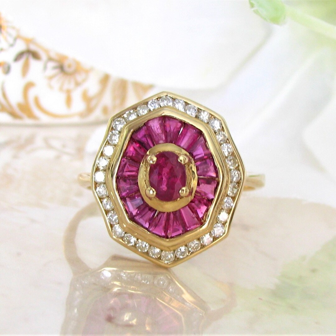 Art Deco Style Ruby & Diamond Ring Unique Octagonal Shaped Alternative ...