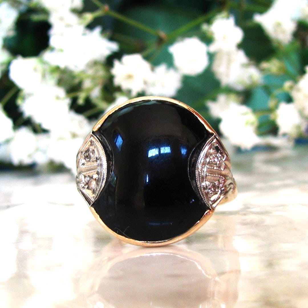 Vintage Onyx & Diamond Ring Unique Alternative Engagement Ring 10K Two ...