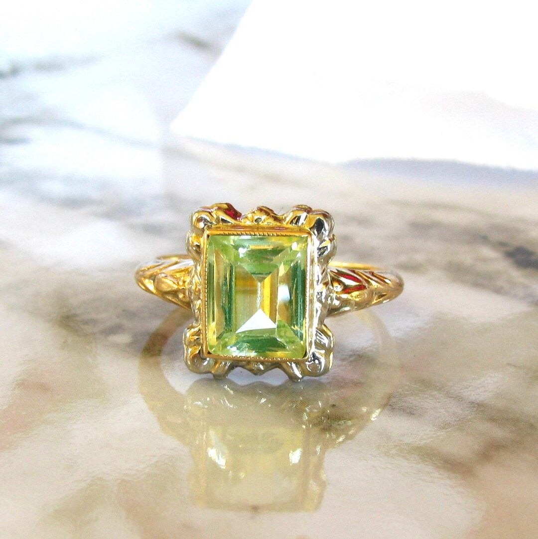 Art Deco Spinel Ring Emerald Cut Fluorescent Green Spinel Ring 10K Two ...