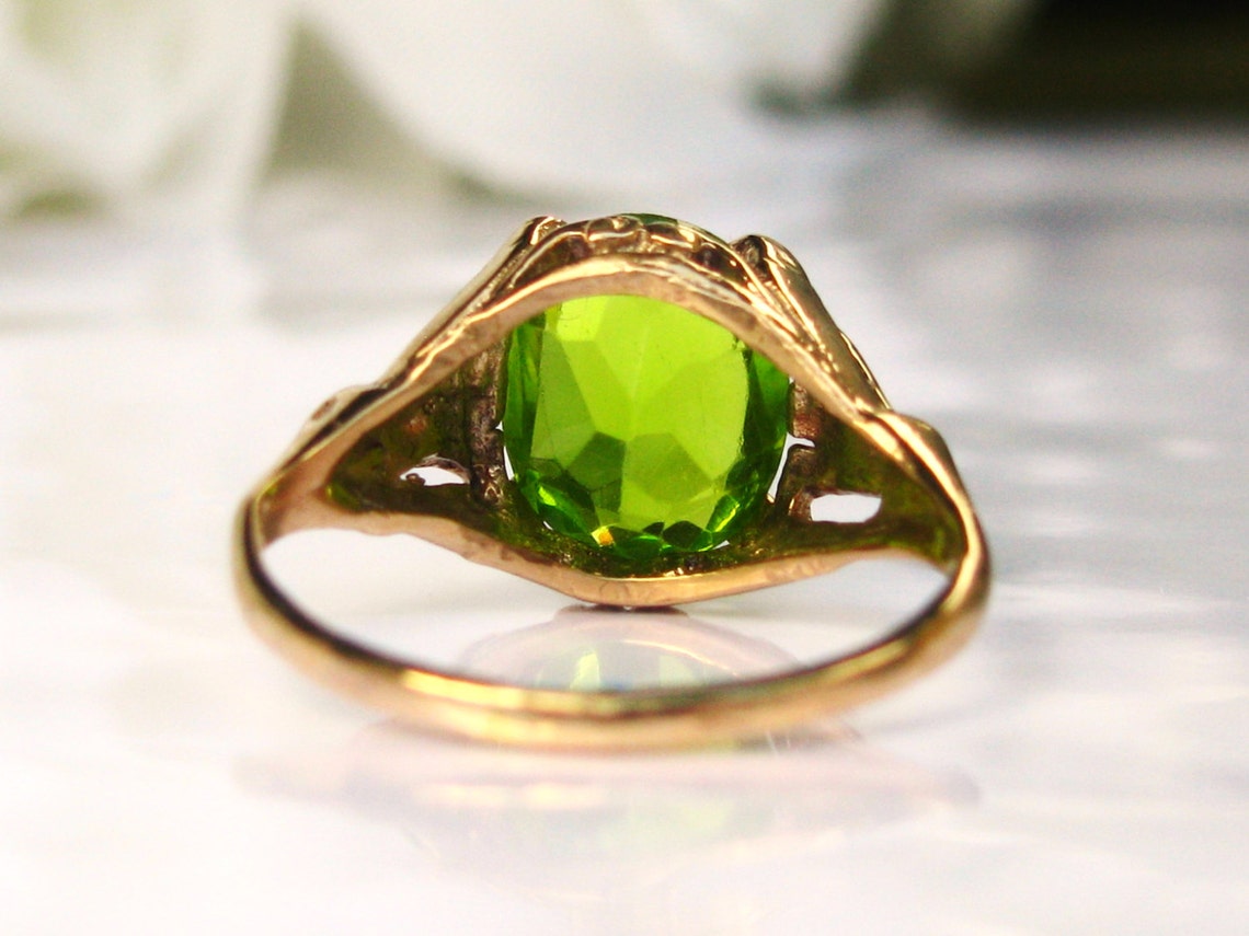 Art Deco Green Glass Ring 10K Yellow Gold Scroll Filigree Ring | Etsy