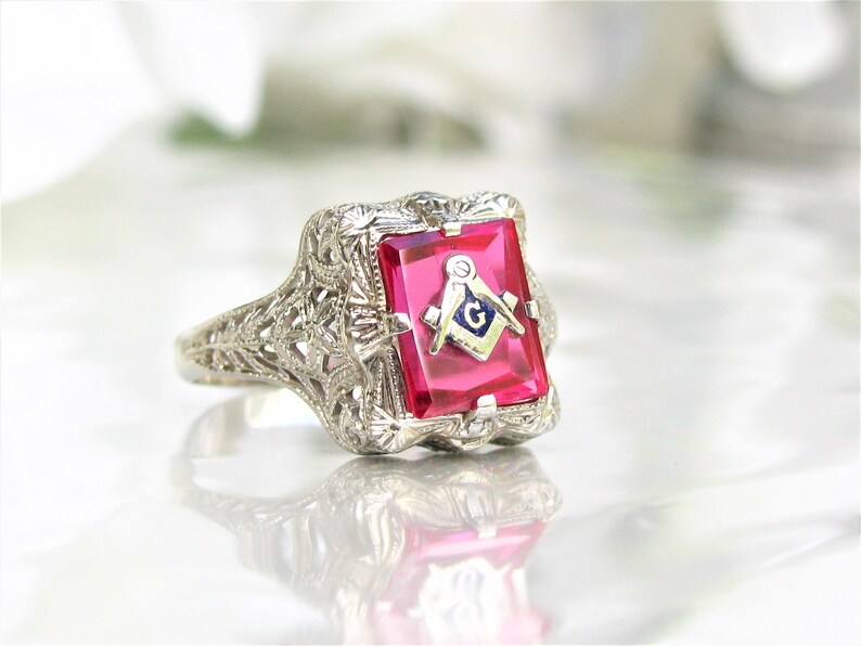 Antique Edwardian Ruby Masonic Ring 14K White Gold Filigree | Etsy