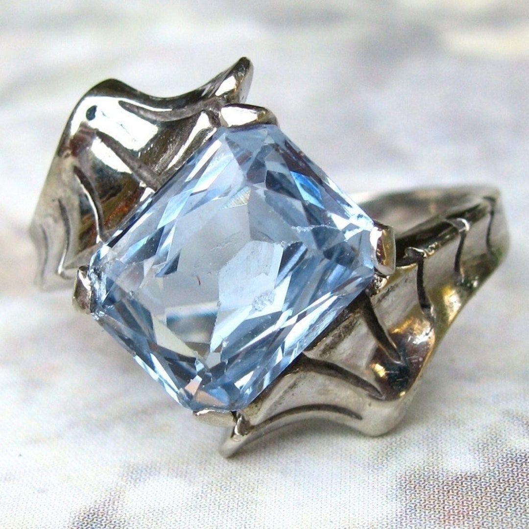 Art Deco Blue Spinel Ring 3.79ct Synthetic Spinel Bypass Ring 10K White ...
