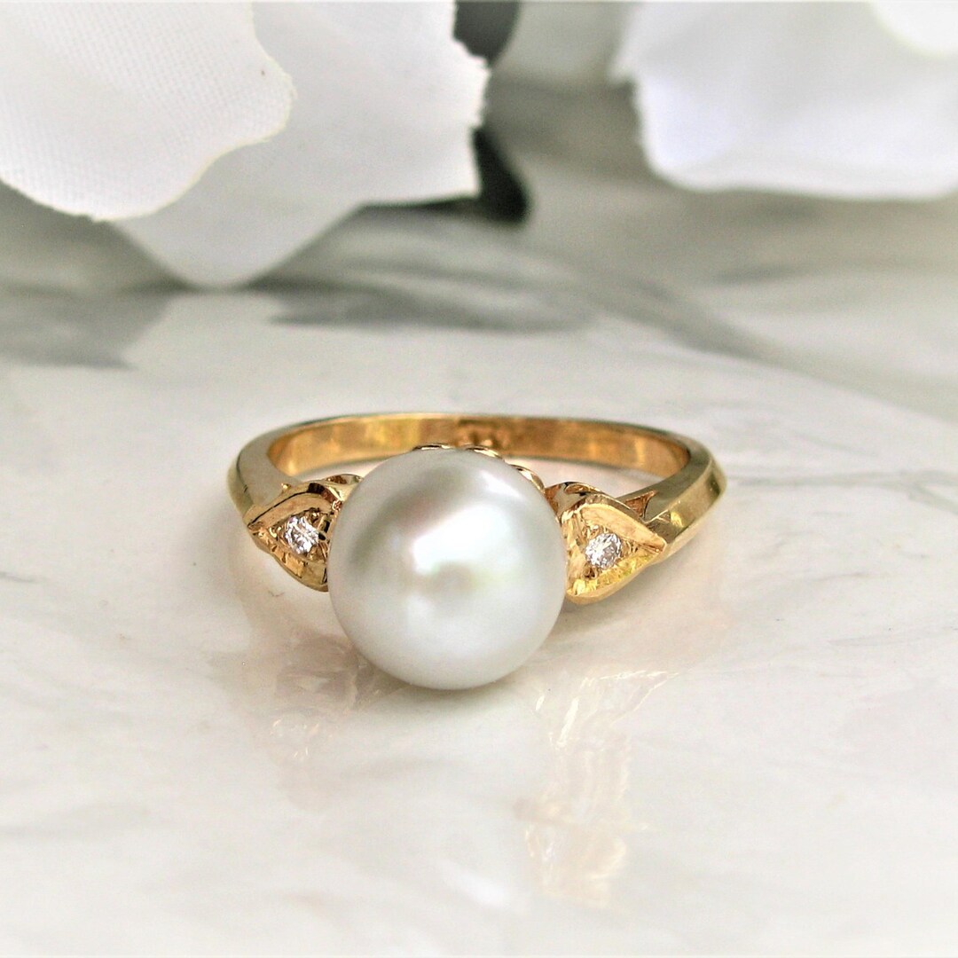 Vintage Pearl & Diamond Ring 14KP Gold Heart Motif Alternative ...