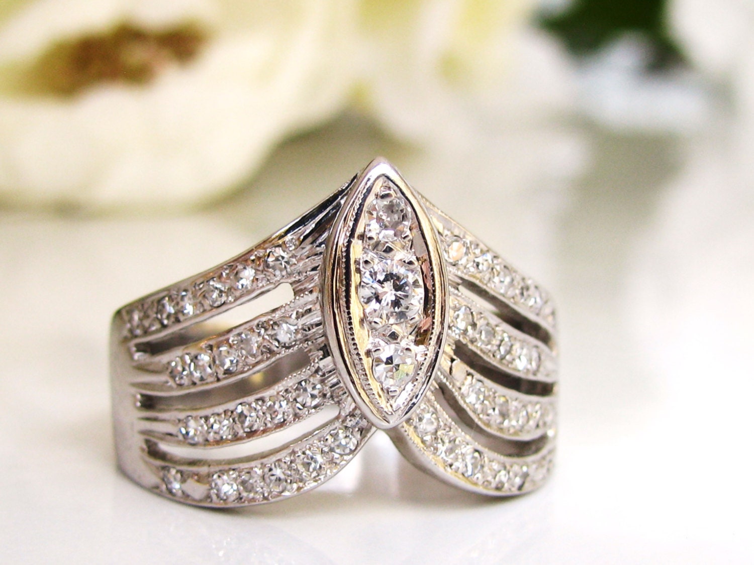 Art Deco Chevron Style Diamond Wedding Band Unique Engagement | Etsy