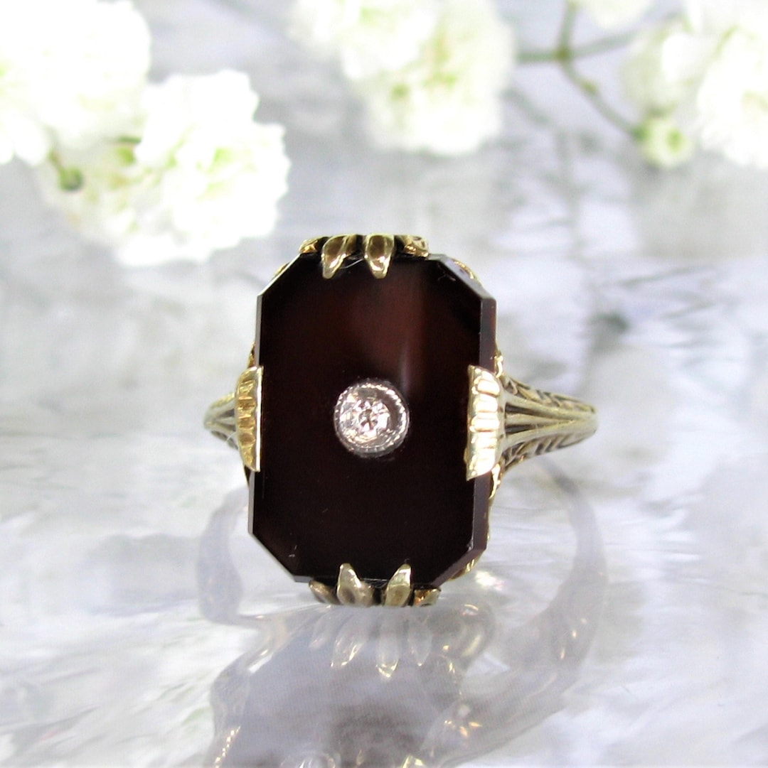 Antique Edwardian Onyx & Diamond Accent Ring Ornate Antique Engagement ...