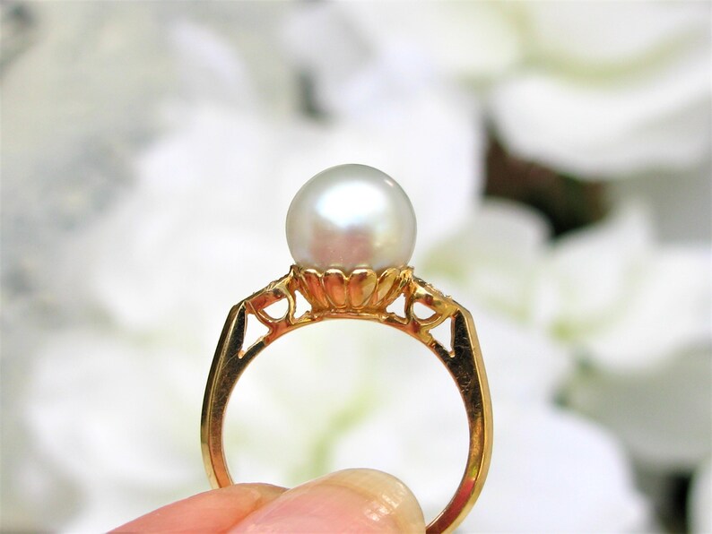 Romantic Pearl & Diamond Ring 14KP Gold Heart Motif - Etsy
