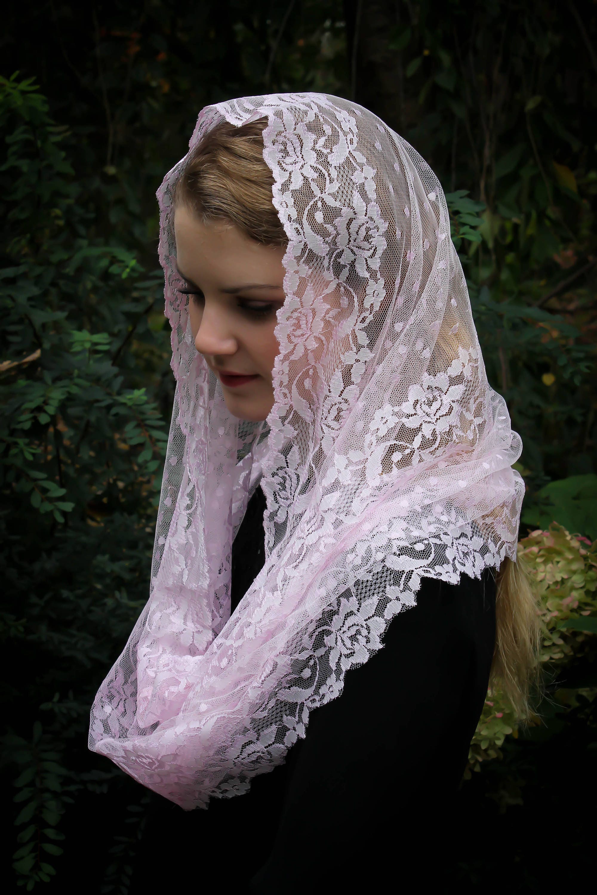 Evintage Veils~ SOFT Chantilly Lace Rose Petal Pink Lace Chapel Veil ...