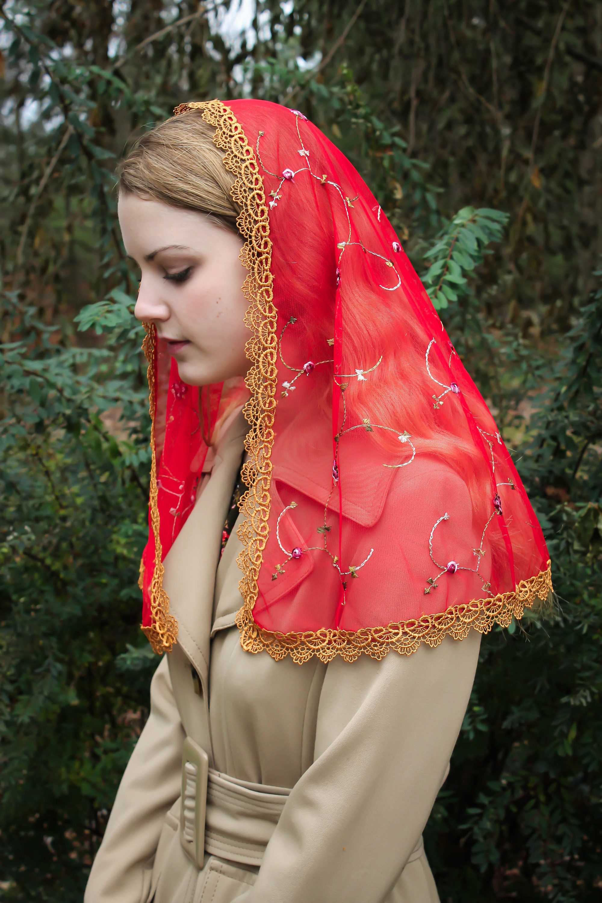 Evintage Veils: Pentecost Red & Gold St Therese Embroidered Lace D ...