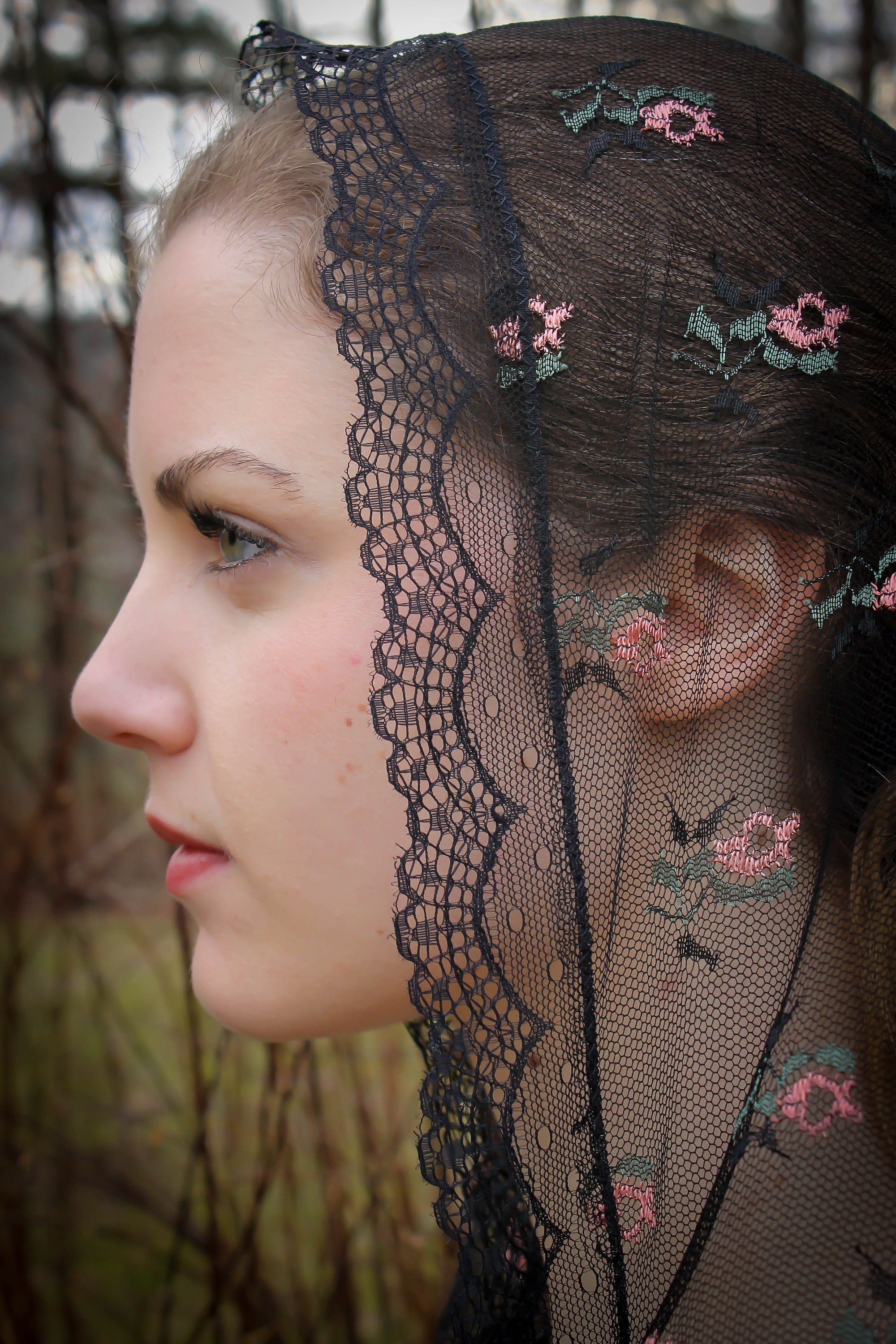Evintage Veils~ READY TO SHIP Soft Black & Rose Floral Lace Victorian ...