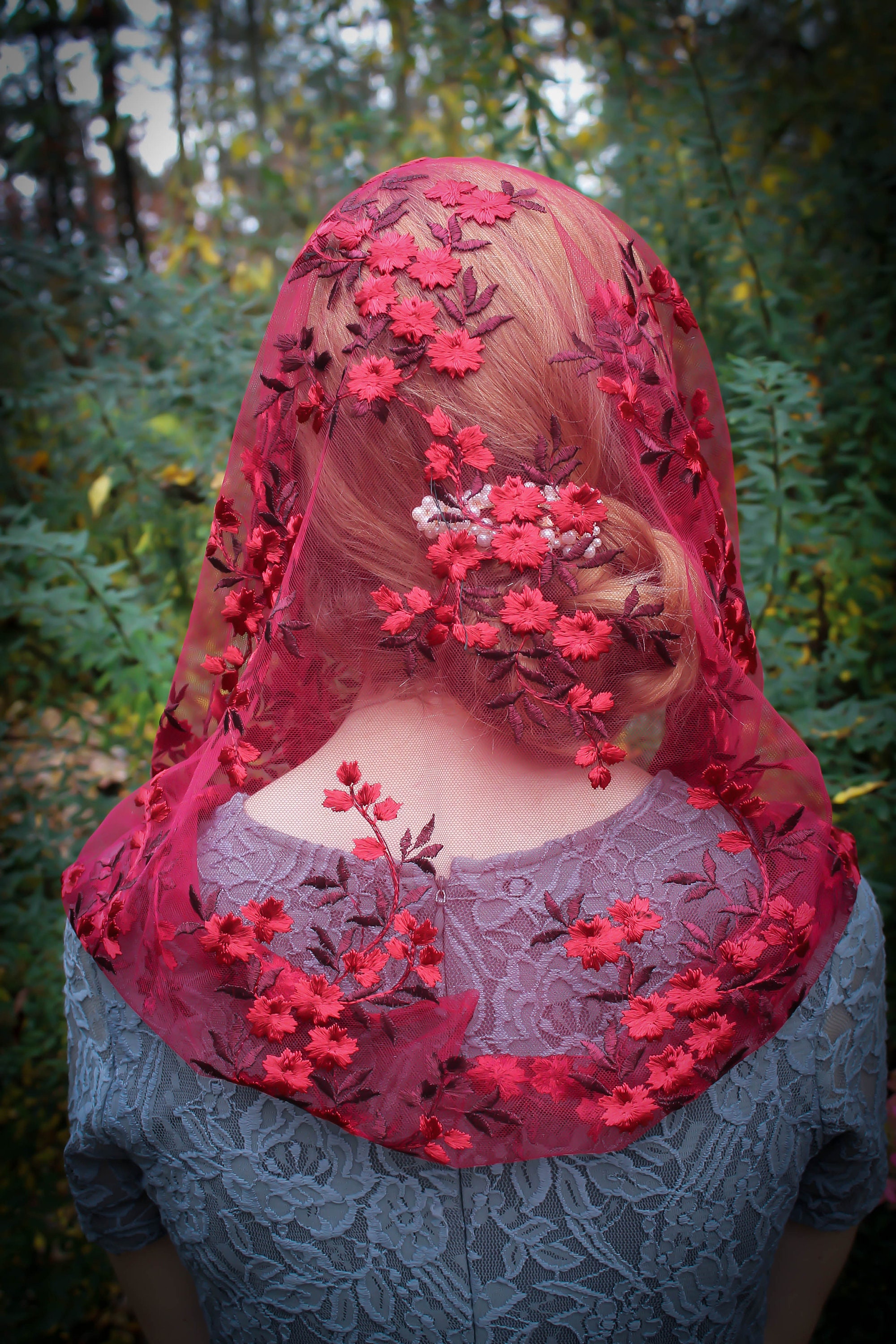 Evintage Veils~ READY TO SHIP Crimson Red and Burgundy Embroidered Lace ...