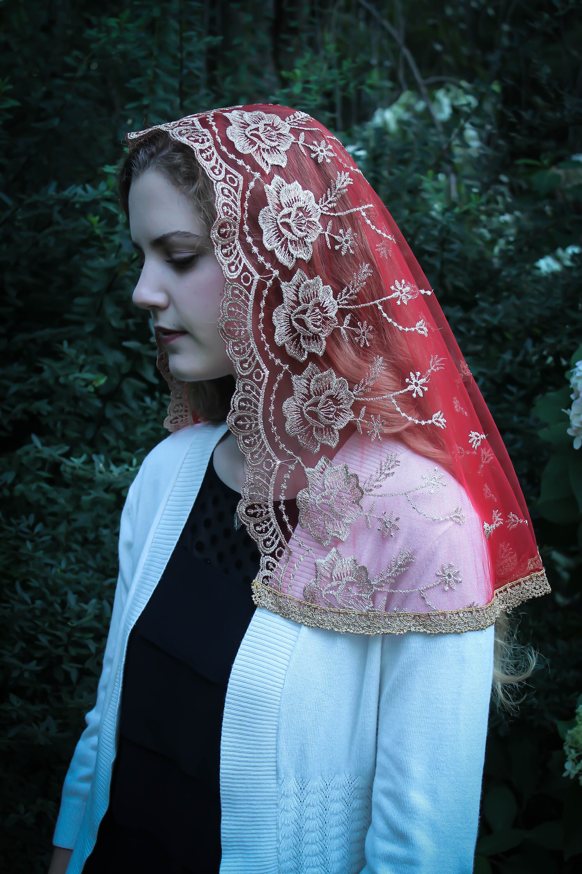 Evintage Veils~ Our Lady of Guadalupe Floral Gold & Pentecost Red ...