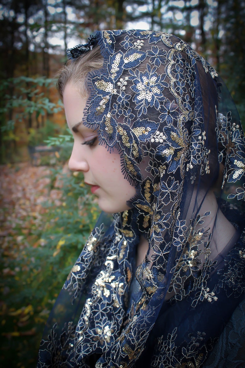 Evintage Veils~ Queen of Peace Navy Sequin Embroidered Lace Chapel Veil ...