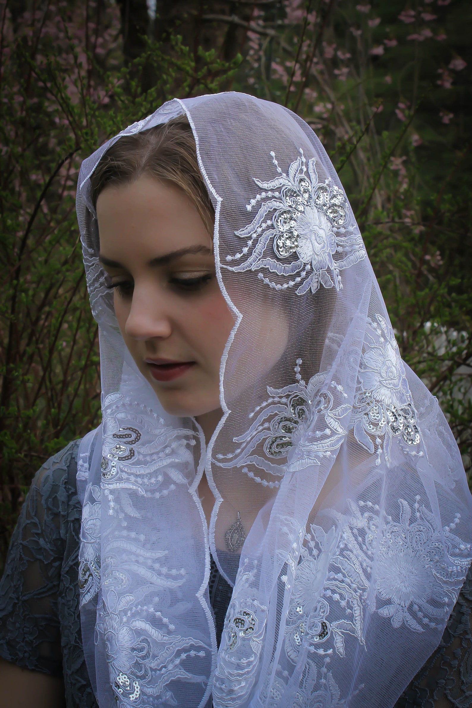 Evintage Veils~ Queen of Peace White/silver OR Gold on Champagne Sequin ...