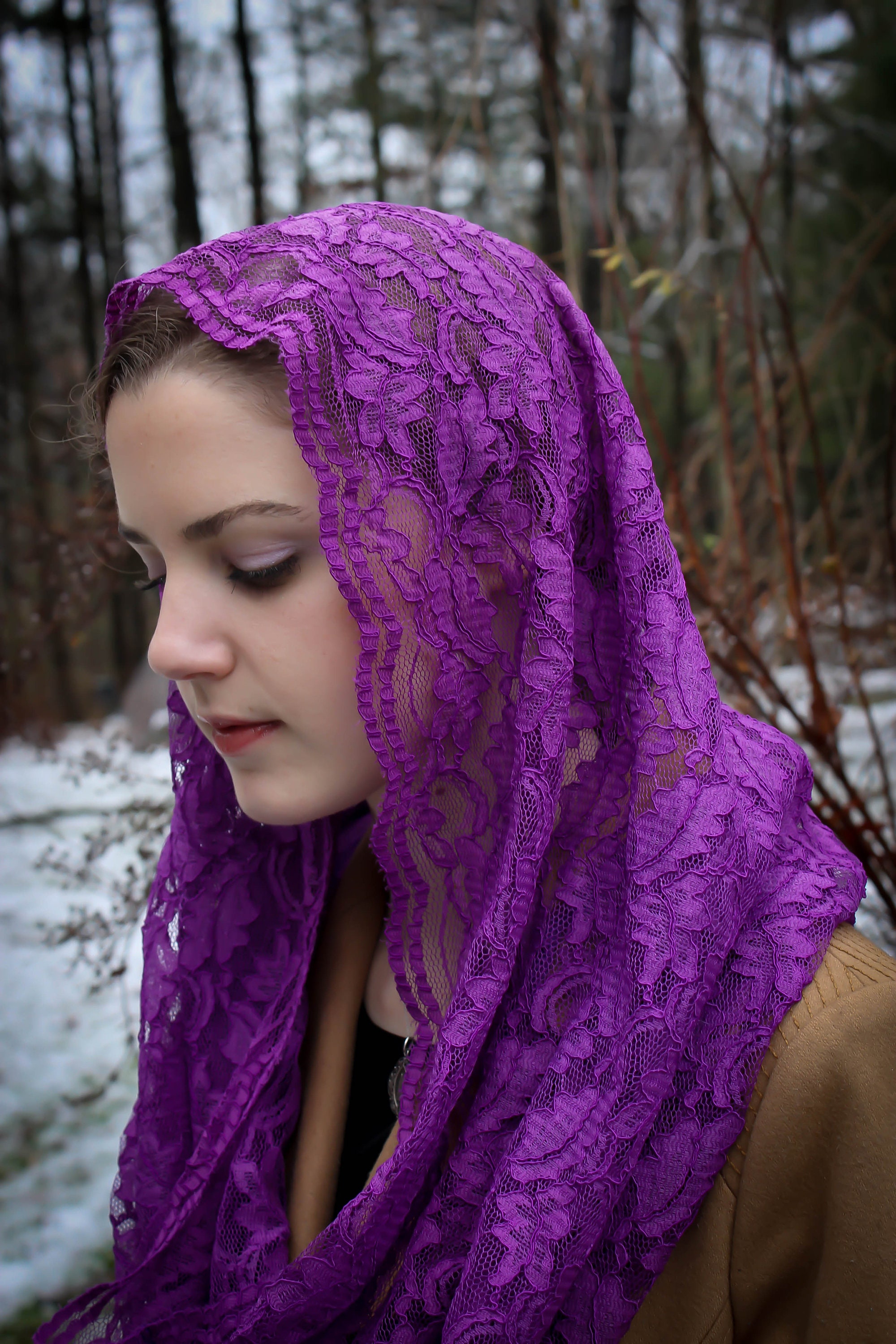 Evintage Veils~ Regina Caeli Advent/Lent Rich Purple Embroidered Lace ...