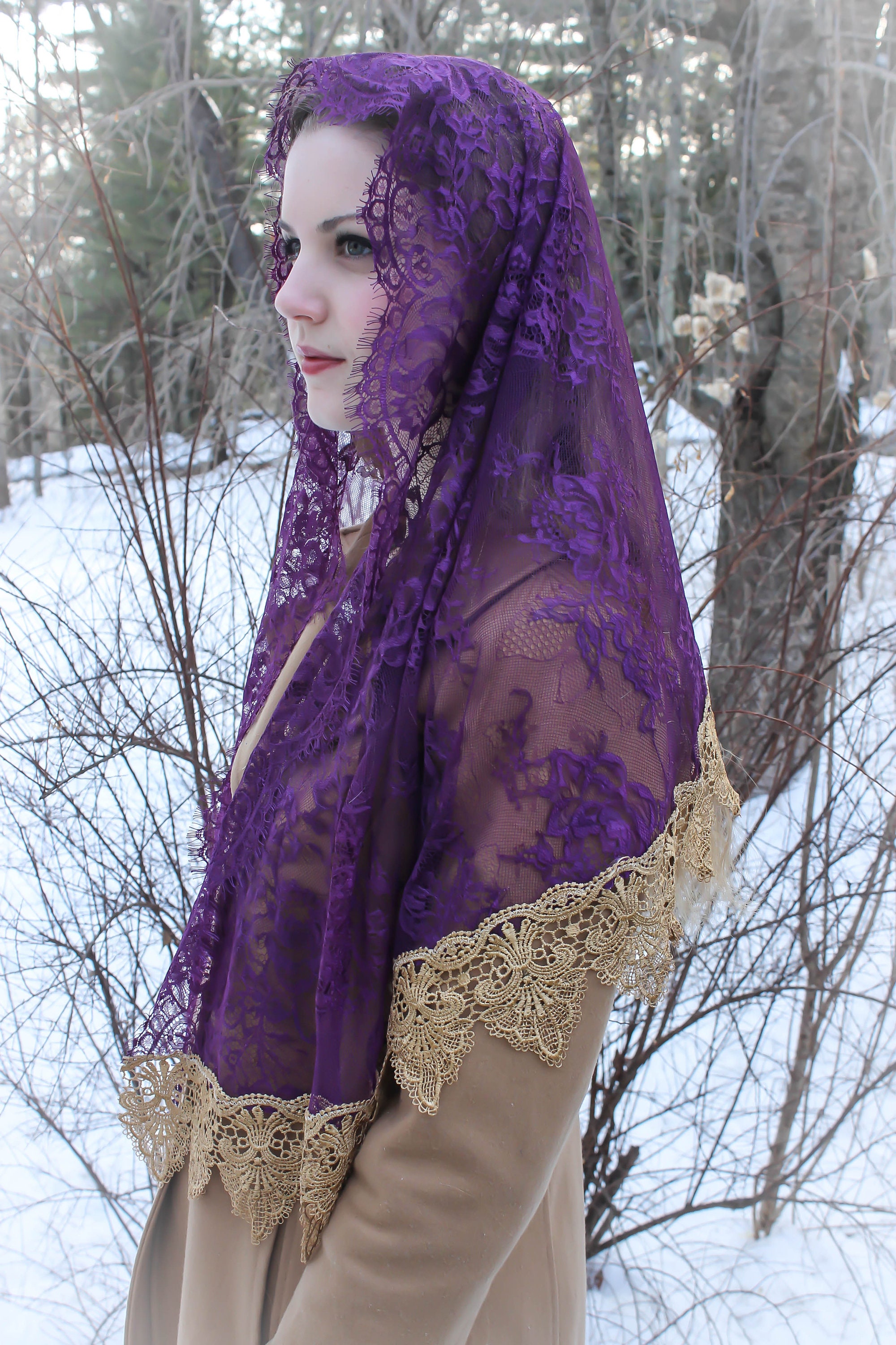 Evintage Veils~Lent/Advent Purple & Gold Leaf Trim Floral Lace Wrap ...