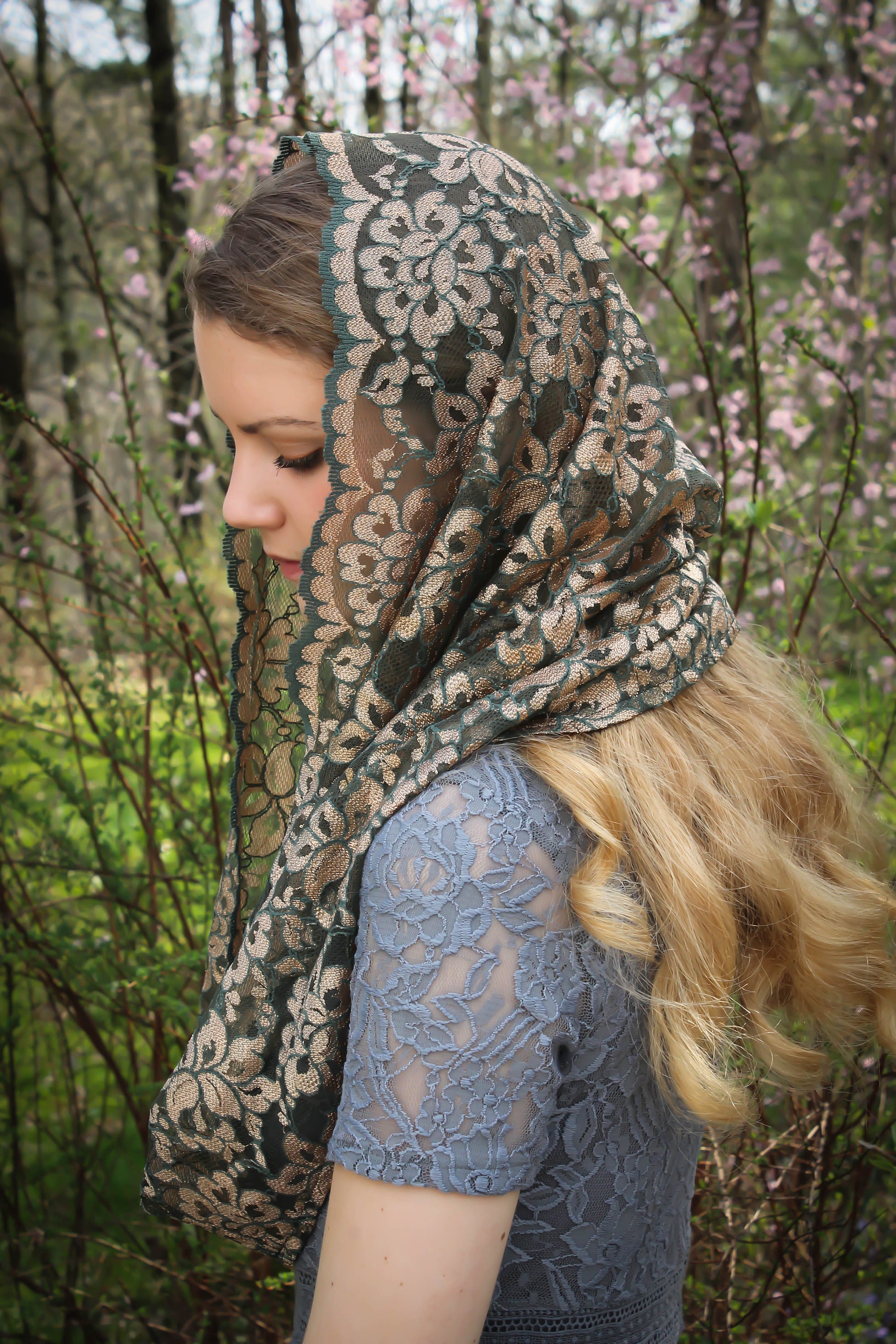 Evintage Veils~ Teal & Gold Embroidered Super Soft Lace Infinity Shape ...