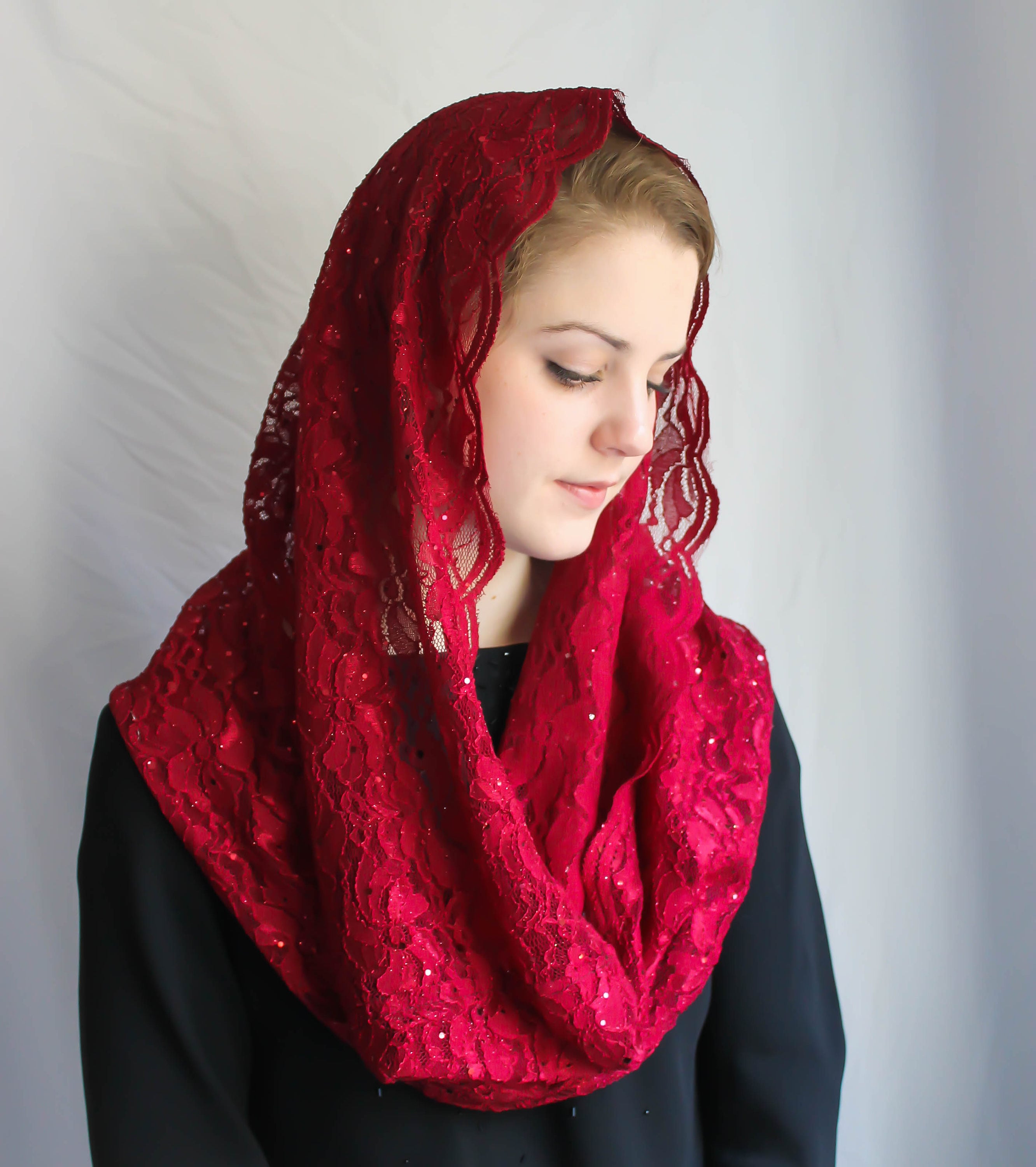 Evintage Veils~ Regal Red Soft Sequin Lace Chapel Veil Mantilla ...