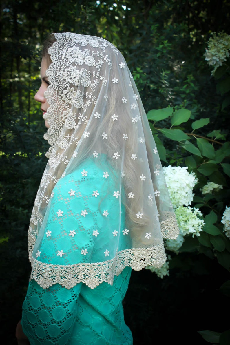 Evintage Veils~ Our Lady of the Lily Gold Embroidered Lace Chapel Veil ...