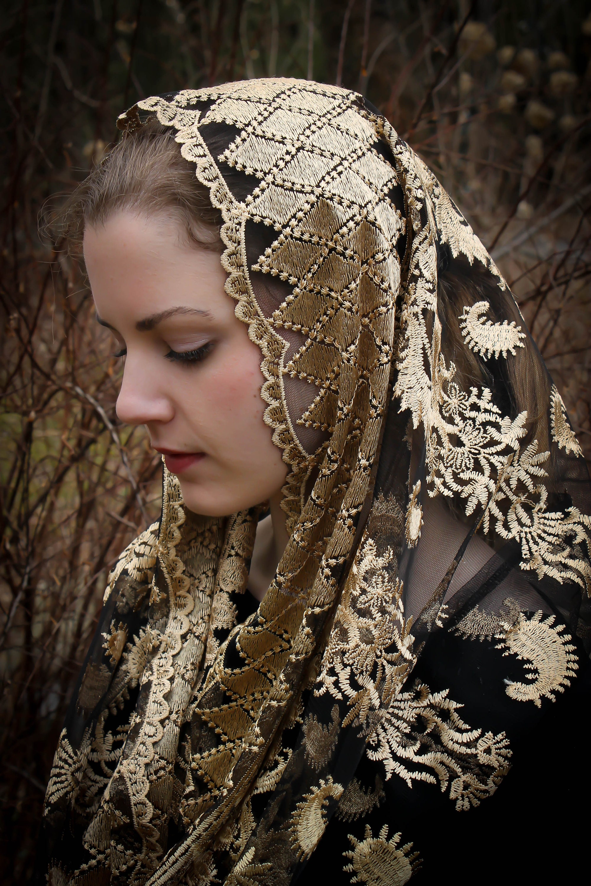 Evintage Veils~ Queen of Peace Soft Gold & Black Embroidered Lace ...