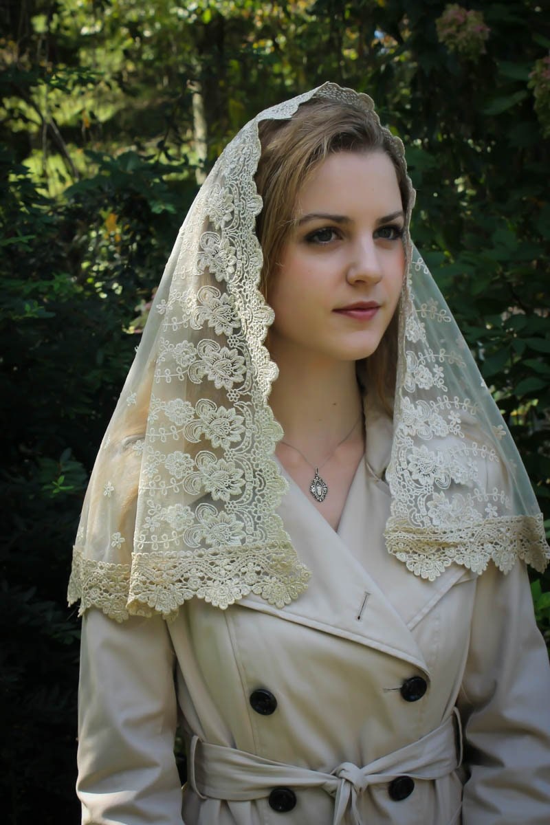 Evintage Veils~ Our Lady of the Lily Gold Embroidered Lace Chapel Veil ...