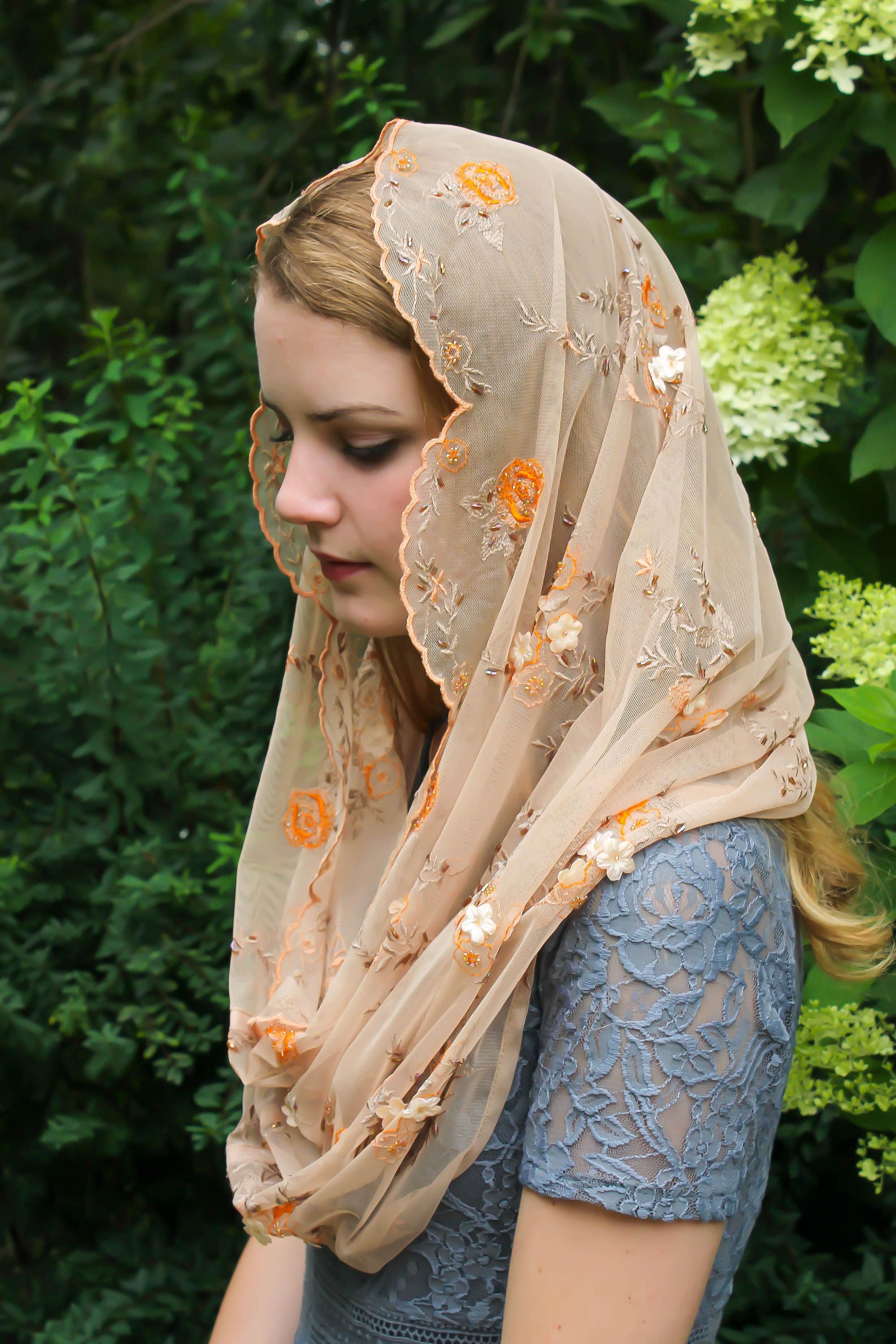 Evintage Veils~ Champagne Taupe Multiflora Beaded Embroidered Lace ...