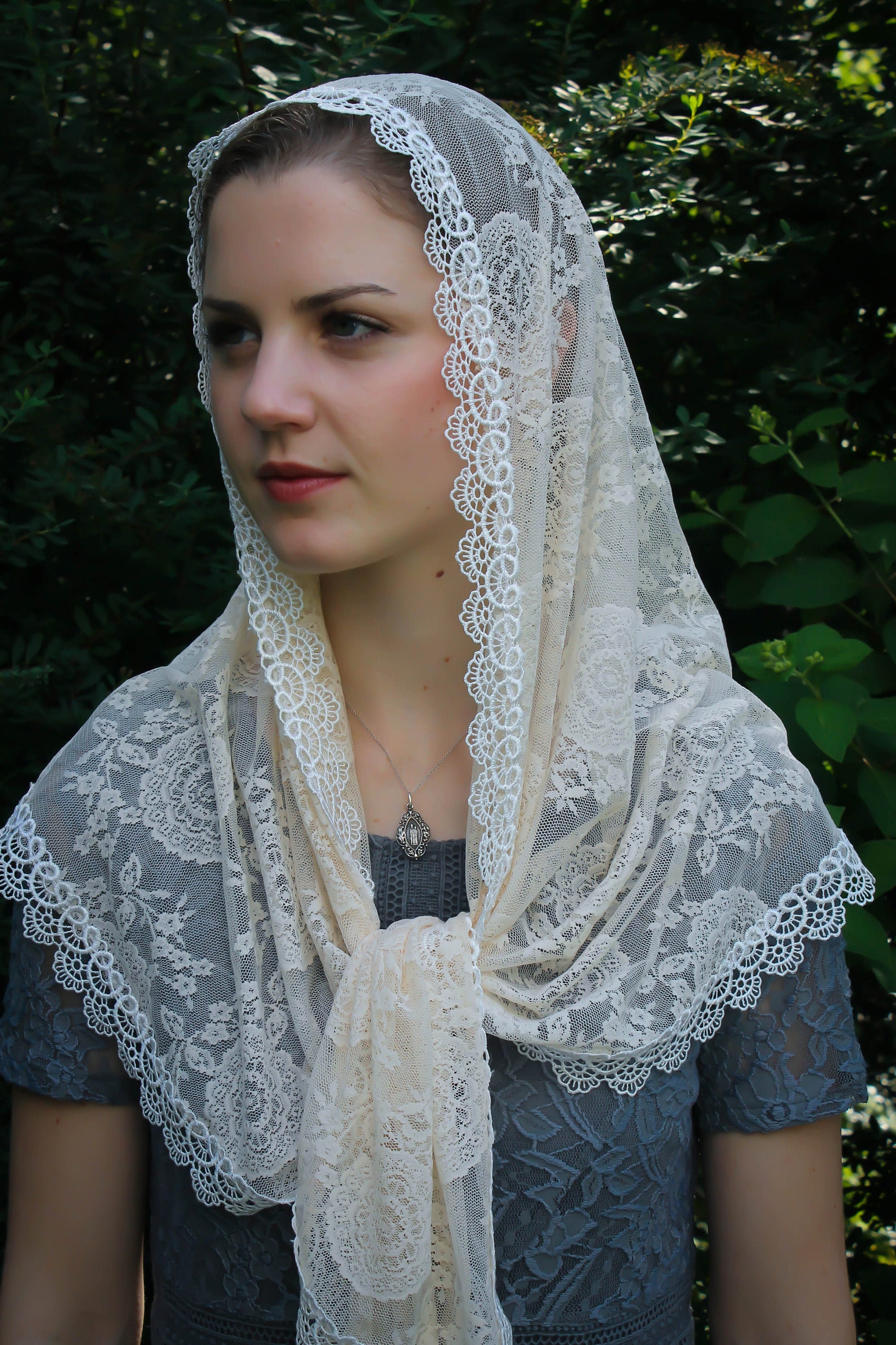 Evintage Veils~ Our Lady of the Fields Misty Beige Chapel Veil Mantilla ...
