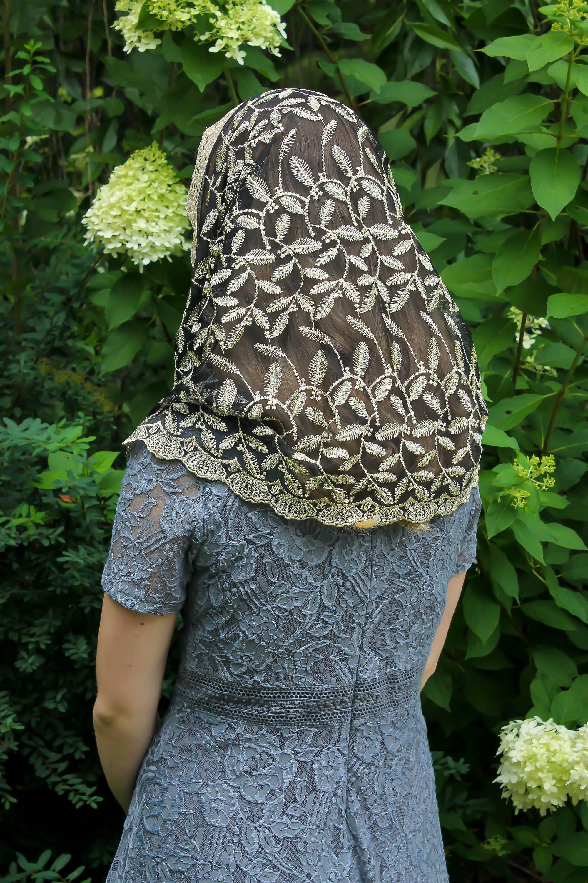 Evintage Veils~ Black and Gold Embroidered Lace Chapel Veil Mantilla ...