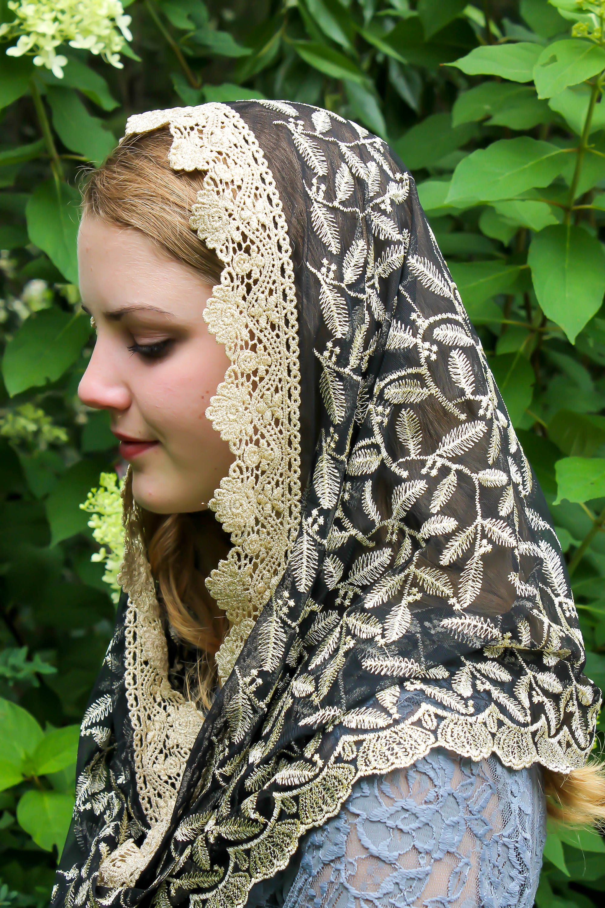 Evintage Veils~ Black and Gold Embroidered Lace Chapel Veil Mantilla ...