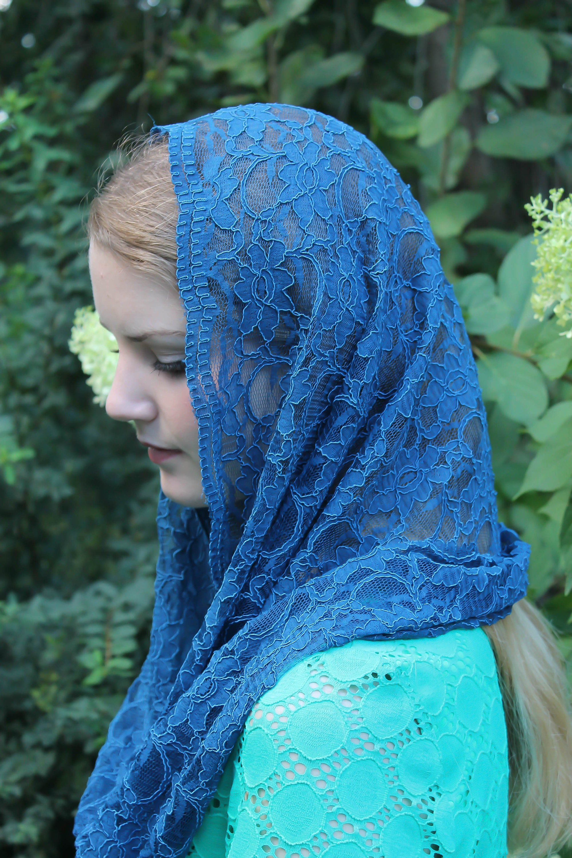 Evintage Veils: Light Cobalt Blue French Lace Infinity Veil Chapel Veil ...