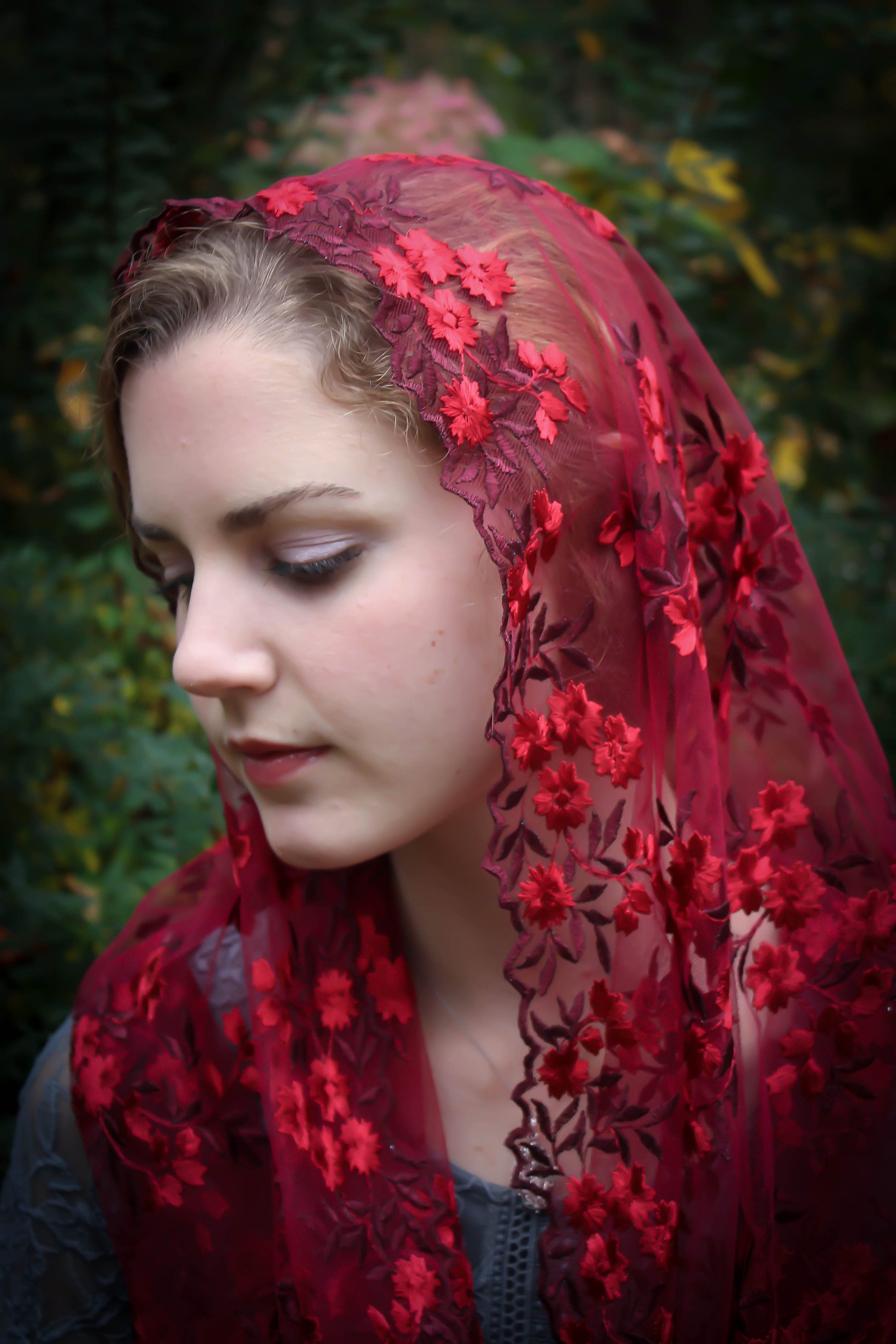 Evintage Veils~ READY TO SHIP Crimson Red and Burgundy Embroidered Lace ...