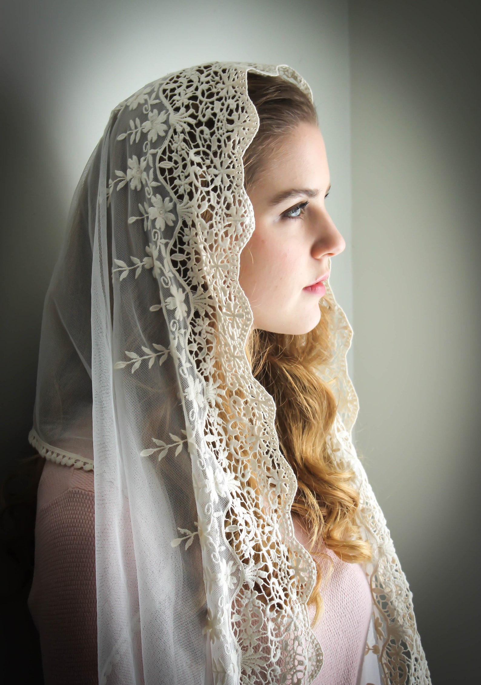 Evintage Veils~ READY TO SHIP Traditional Soft Lace French Chapel Veil ...