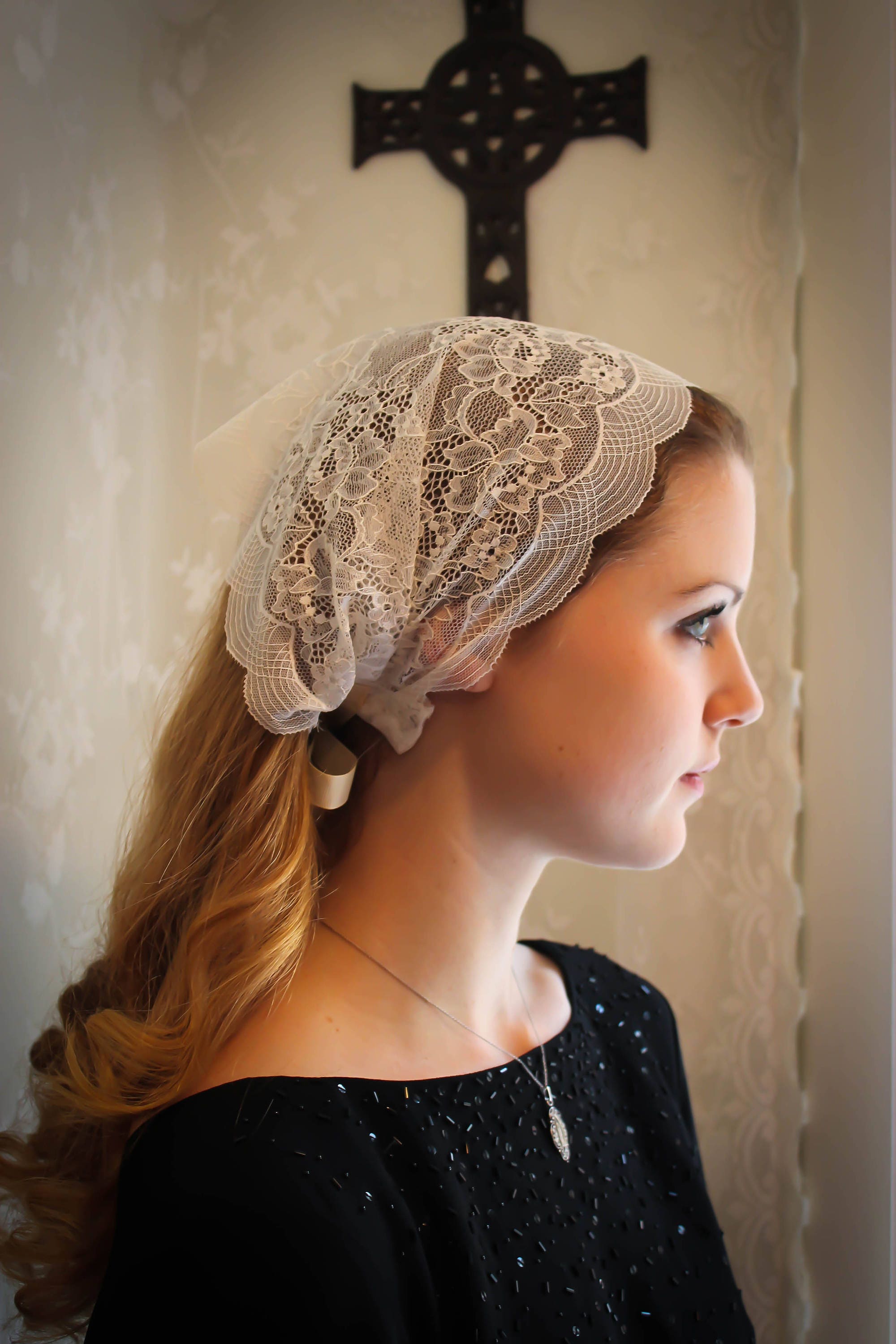 Evintage Veils~ So Soft Headwrap Embroidered Light Ivory Stretch Lace ...