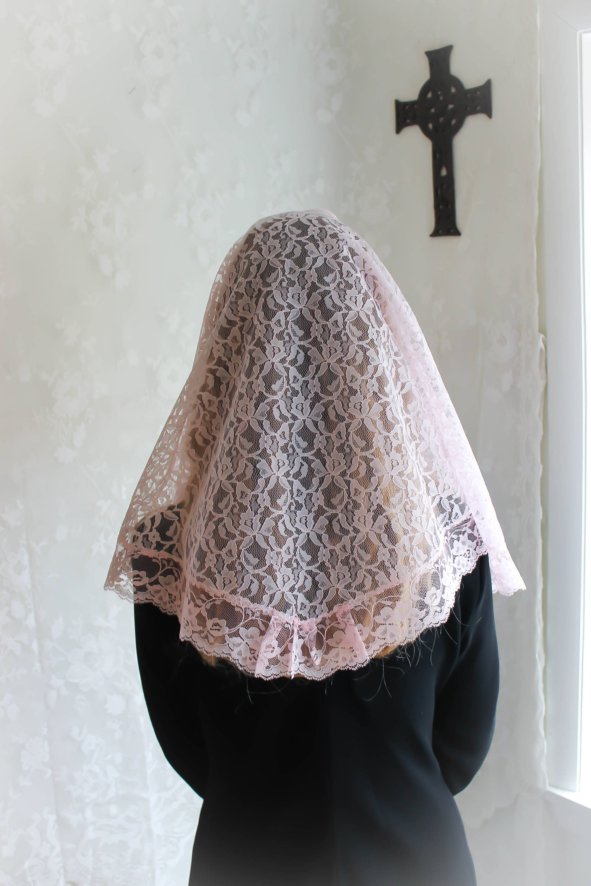 Evintage Veils~ Our Lady Mystical Rose Pink Lace Chapel Veil Mantilla ...