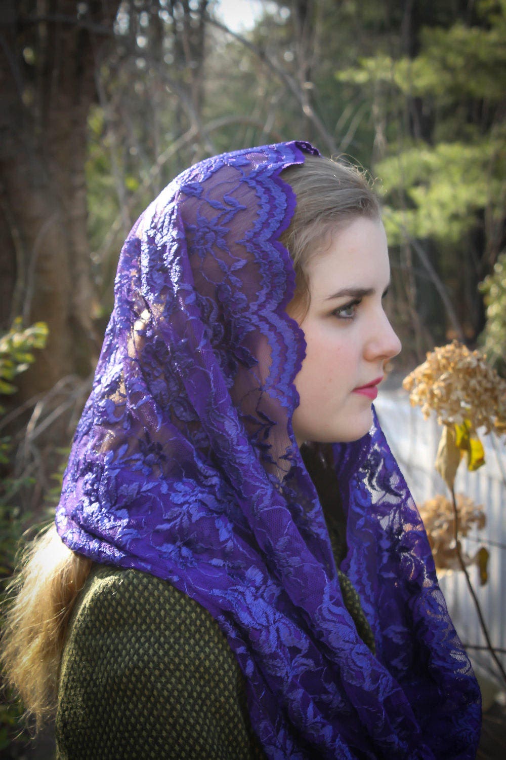 Evintage Veils~LENT Our Lady Rich Purple Embroidered Lace Chapel Veil ...