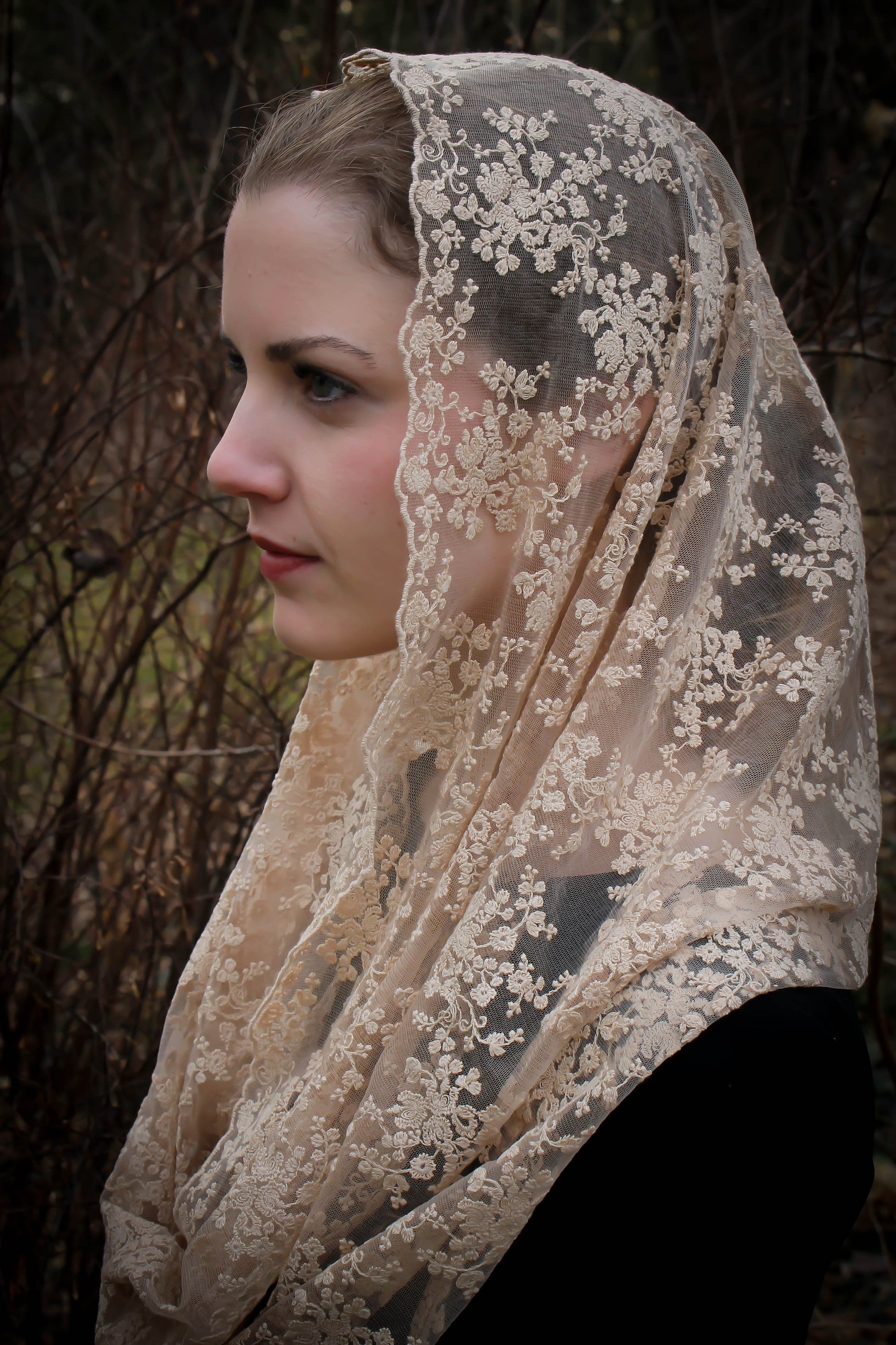 Evintage Veils~READY TO SHIP Queen of Peace Soft Beige Embroidered Lace ...