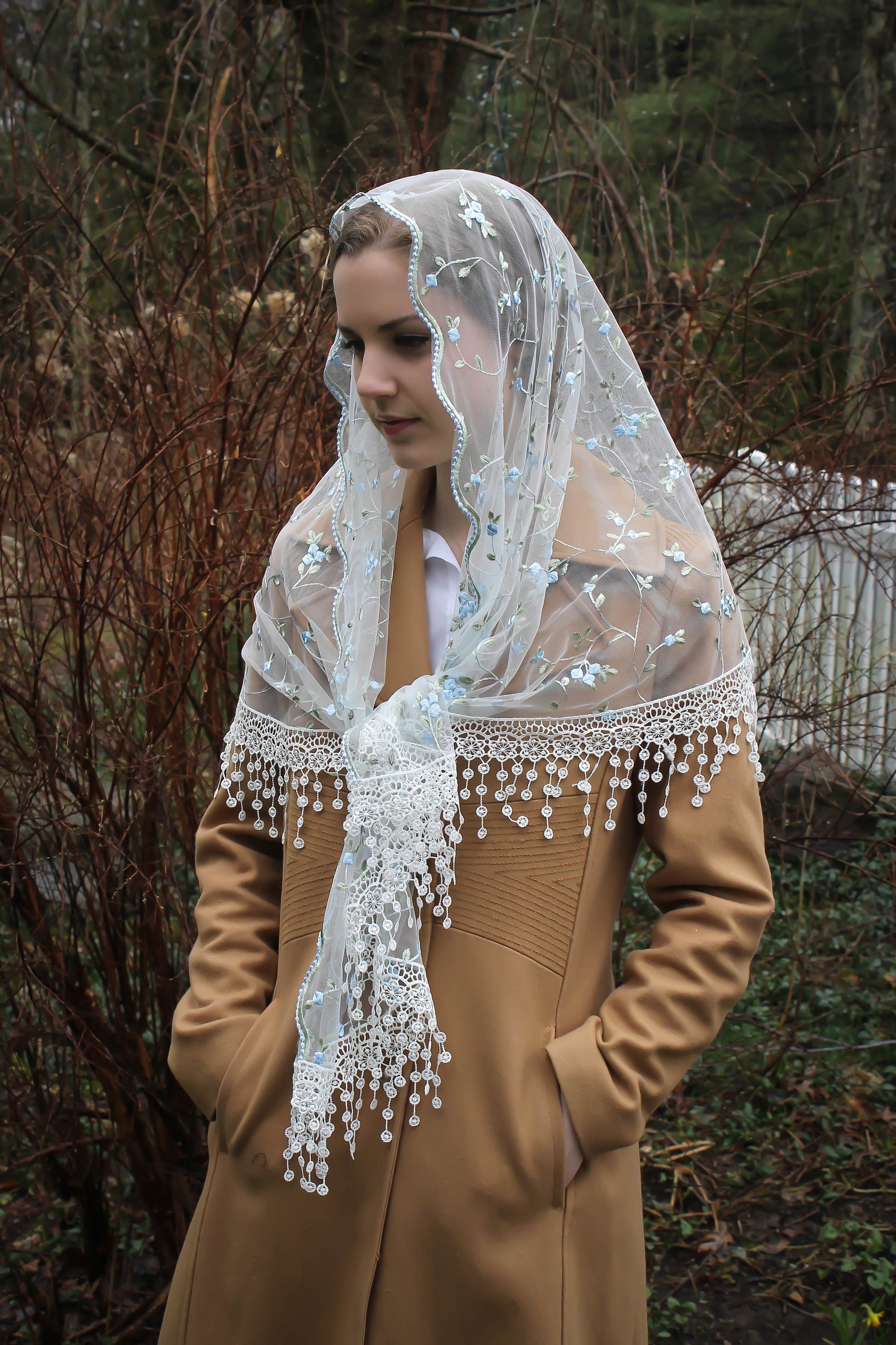 Evintage Veils~ST. Therese Little Flower Marian Blue Fringe Lace ...