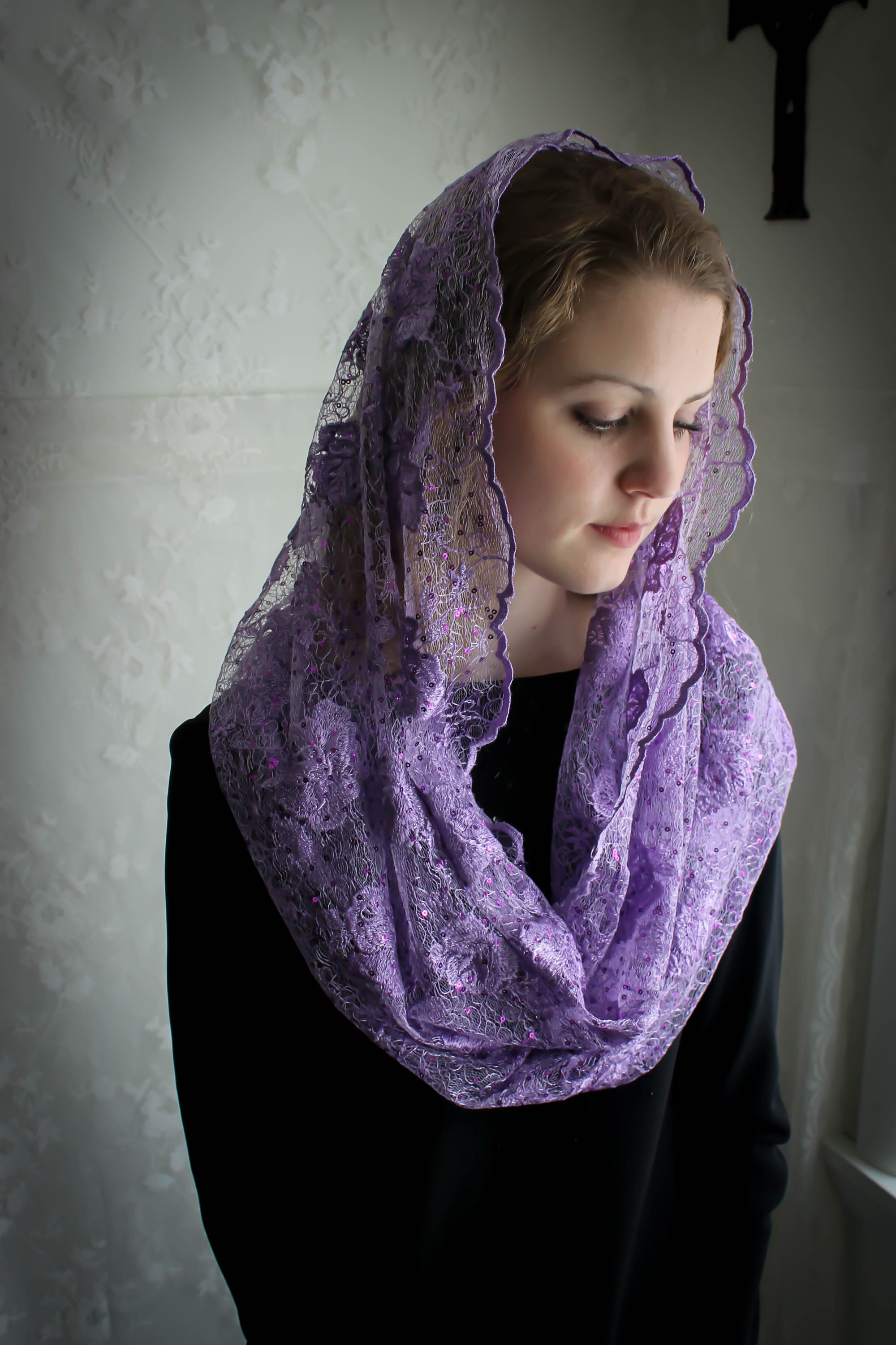 Evintage Veils~ Lent/Advent Purple Our Lady of Guadalupe Embroidered ...