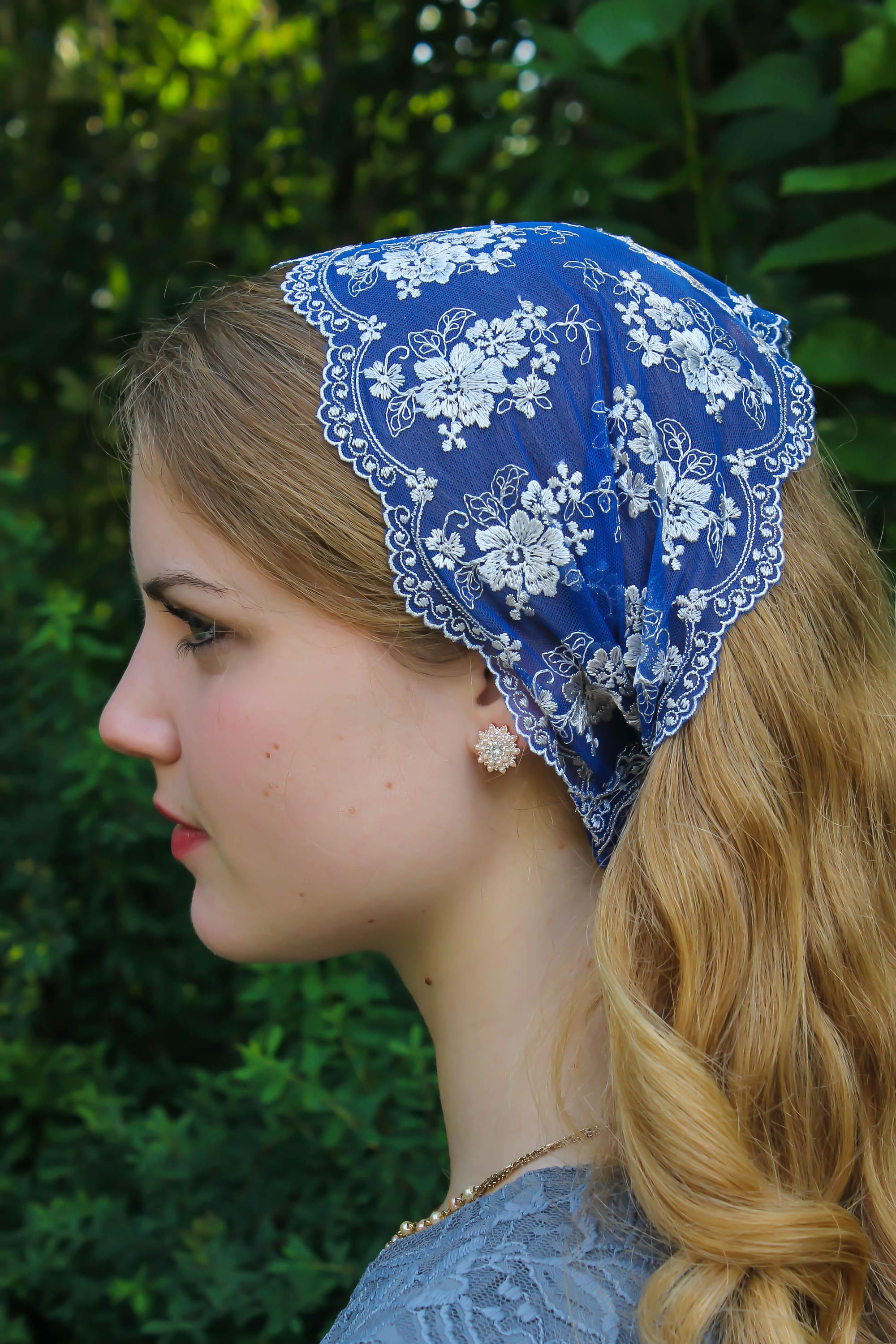 Evintage Veils~ So Soft Headwrap Embroidered Blue & White Lace Headband ...