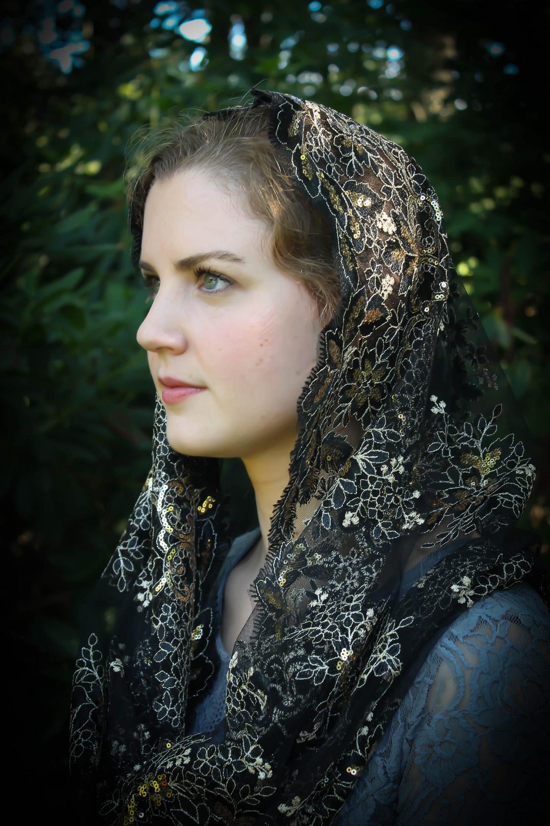 Evintage Veils~ Queen of Peace Sequin Embroidered Lace Mantilla ...