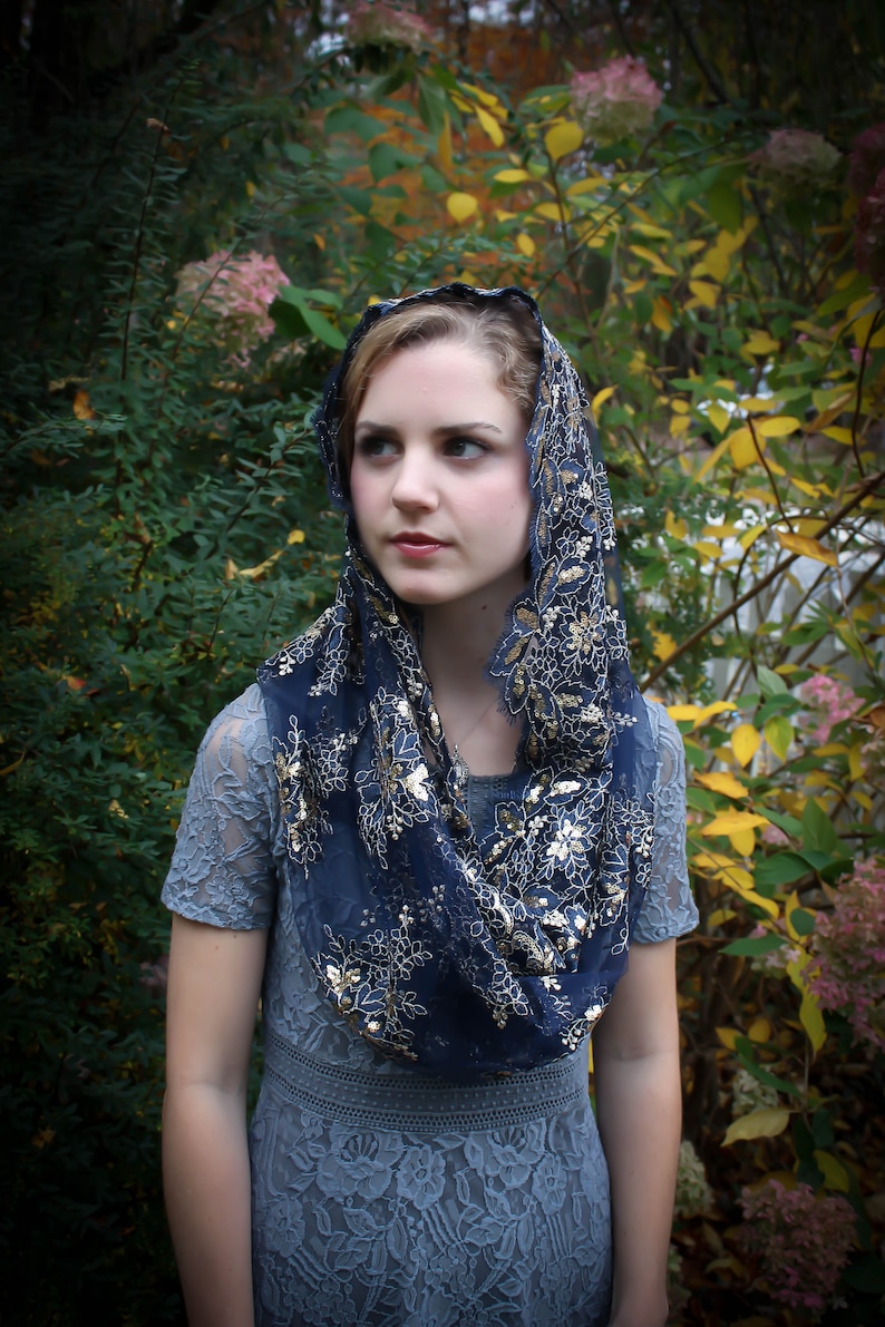 Evintage Veils~ Queen of Peace Navy Sequin Embroidered Lace Chapel Veil ...