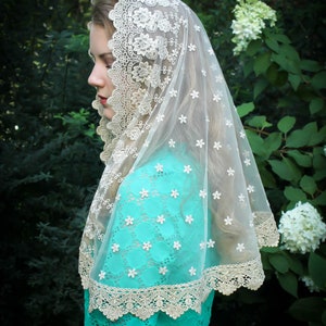 Evintage Veils~ Our Lady of the Lily Gold Embroidered Lace Chapel Veil ...
