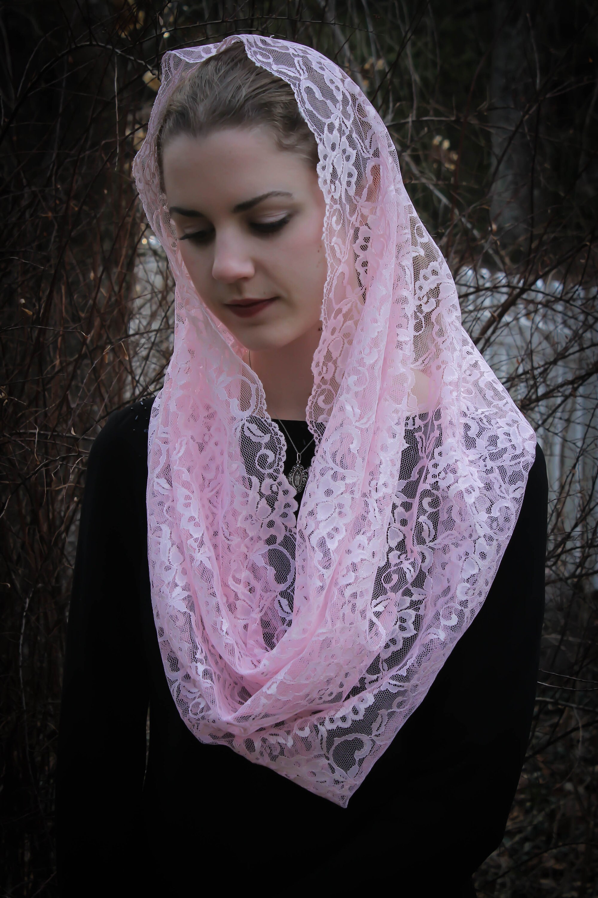 Evintage Veils~ Queen of Peace Shell Pink Embroidered Lace Chapel Veil ...